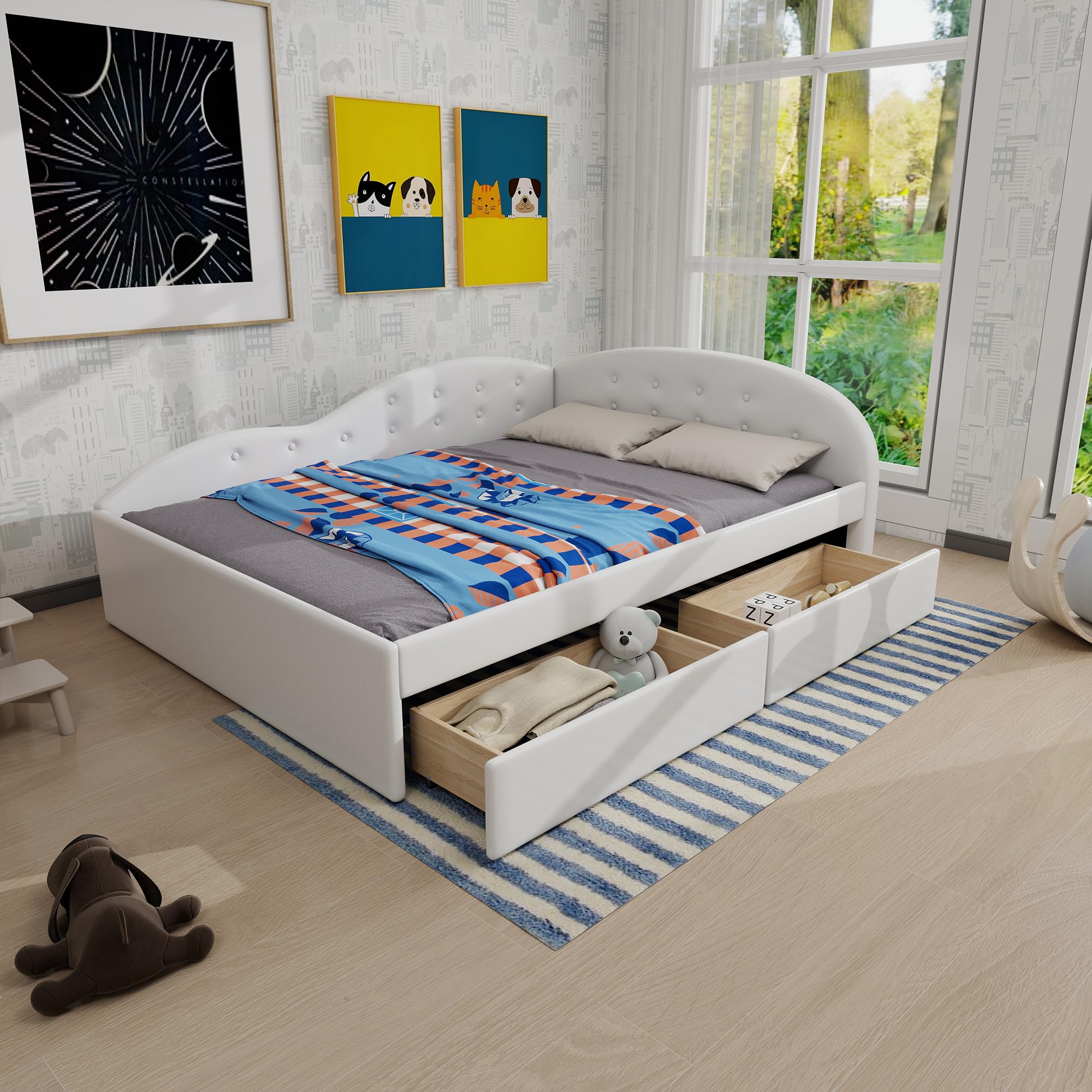 LUSPAZ Full Size PU Upholstered Tufted Daybed with 2 Drawer and Cloud ...