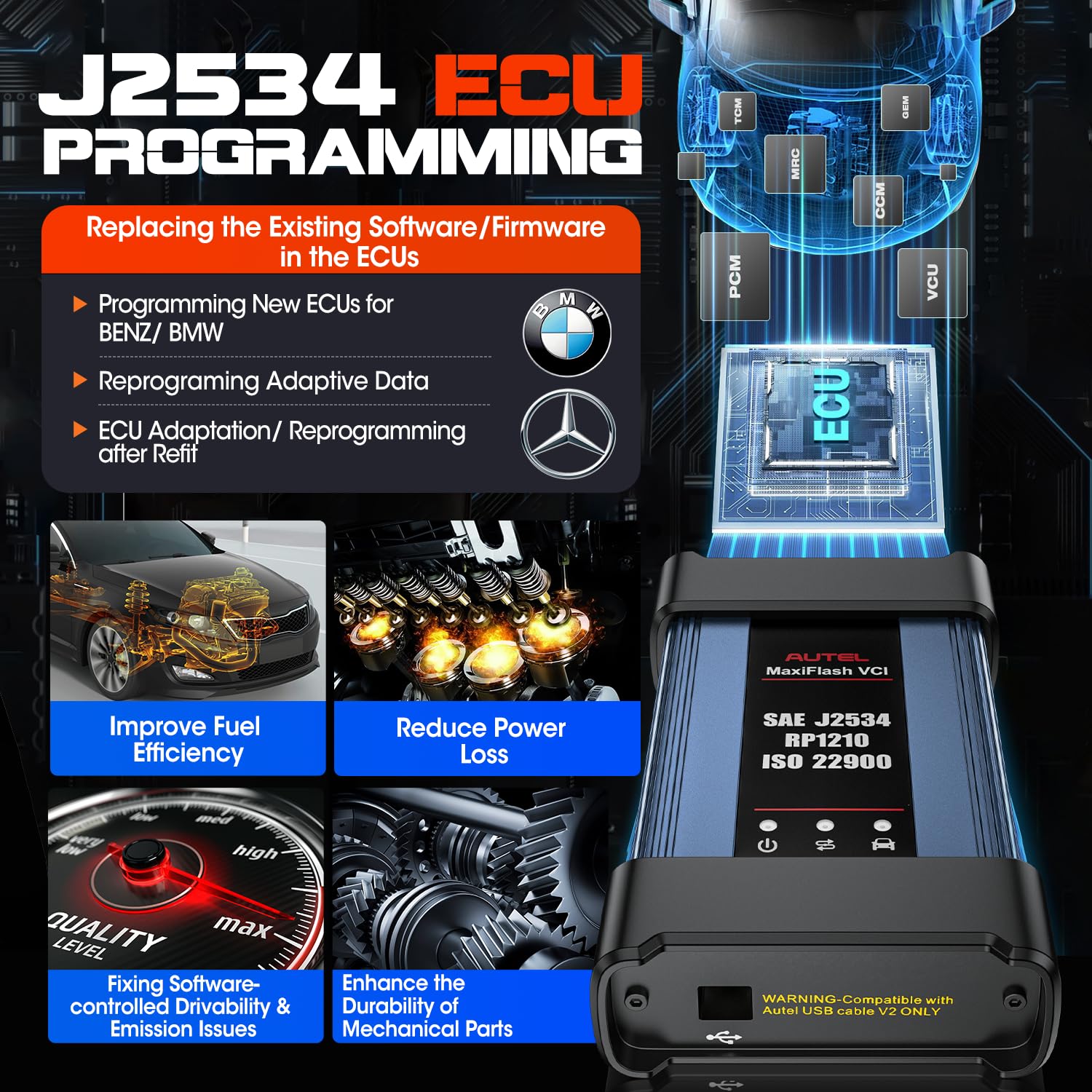 Autel MaxiFlash Elite J2534 VCI, 2025 Enhanced Automotive ECU Programming Pass-Thru, CAN FD DoIP ...