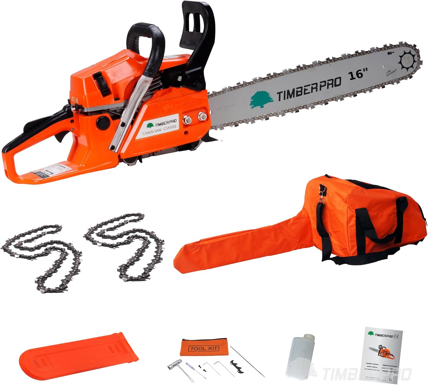 TIMBERPRO 58cc 16" Petrol Chainsaw with 2 16" Chains, Carry Bag and ...