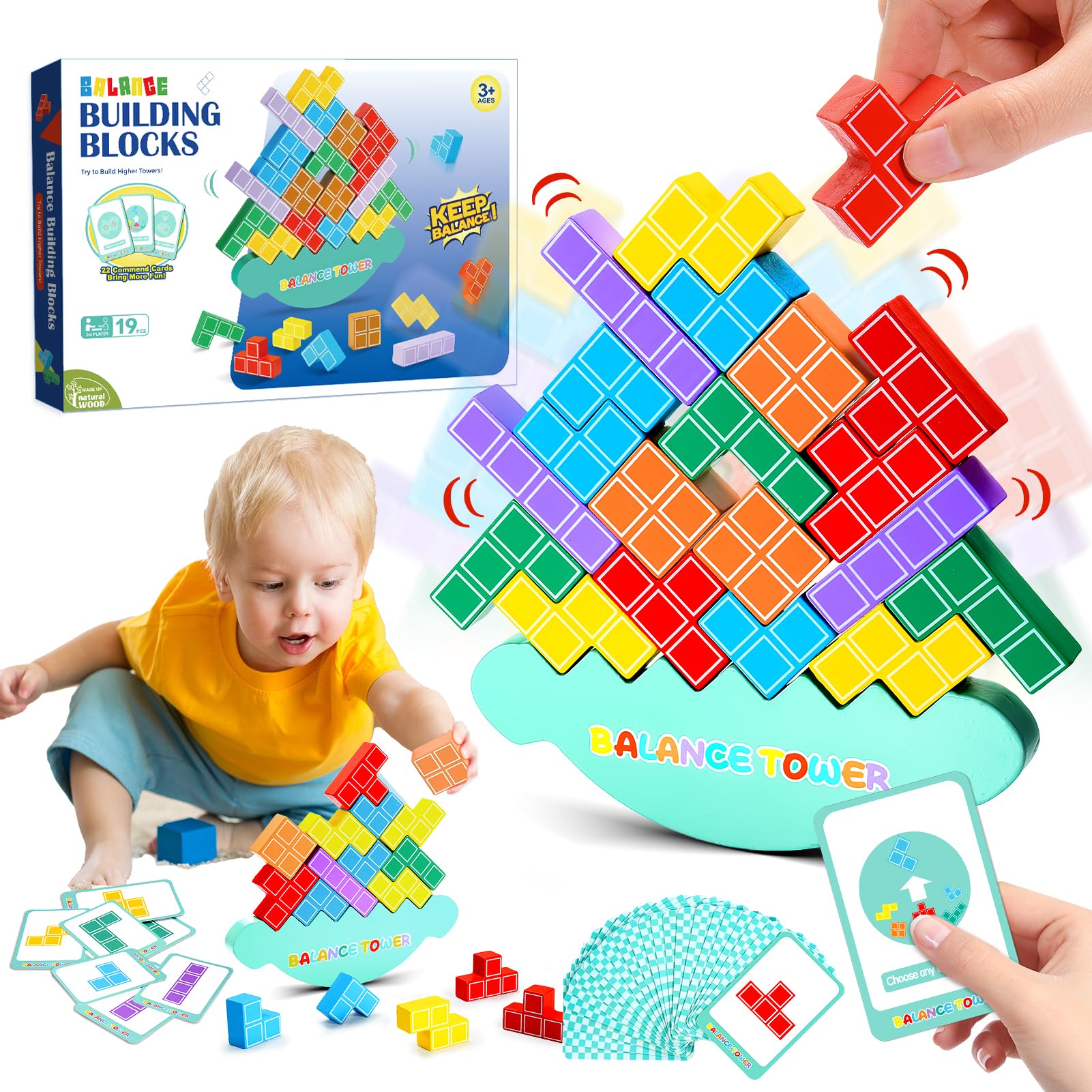 IPOURUP Kids Tetra Balance Tower Games Wooden Building Blocks Stacking ...