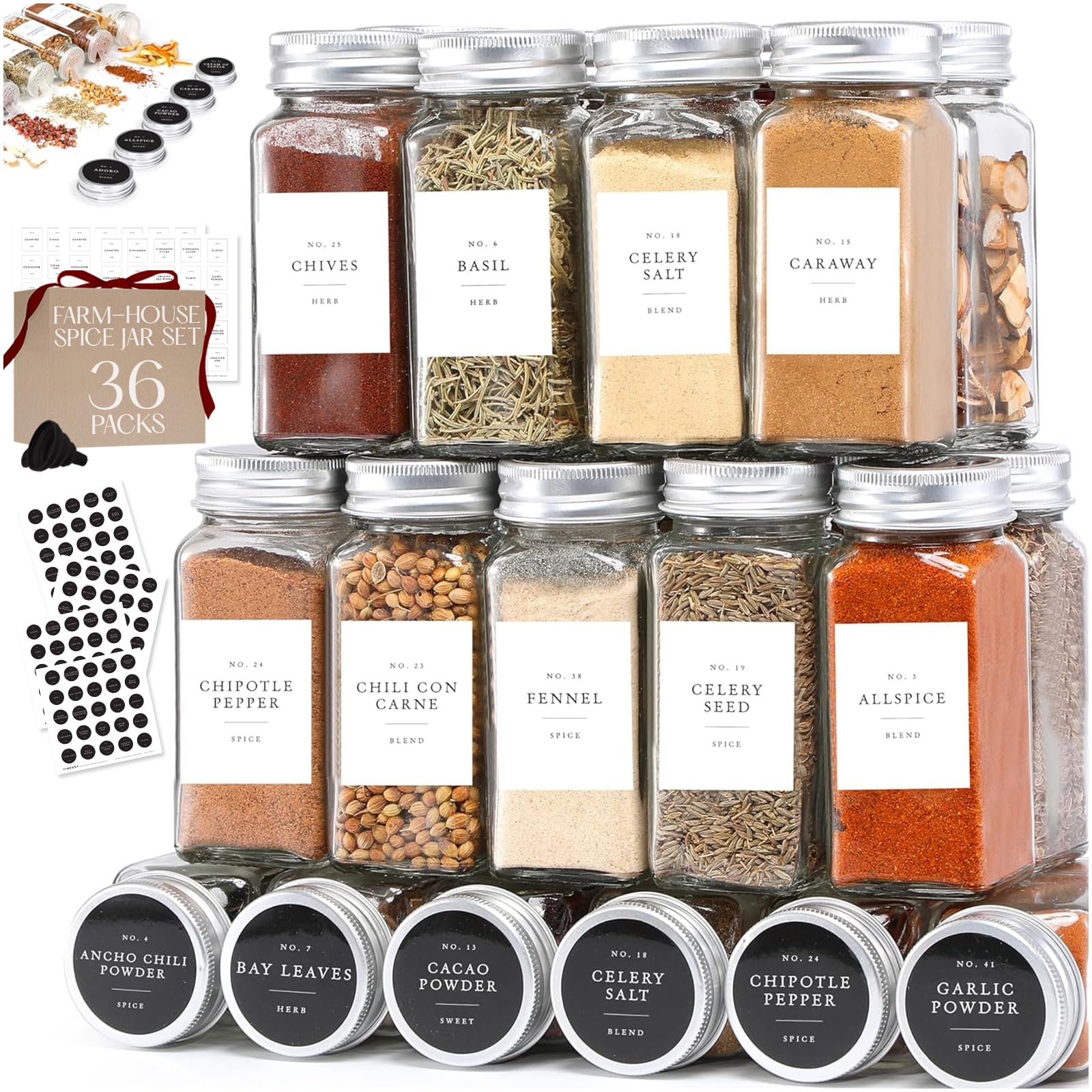 Glass Spice Jars with Labels with Metal Lids and Shakers Farmhouse 36 ...