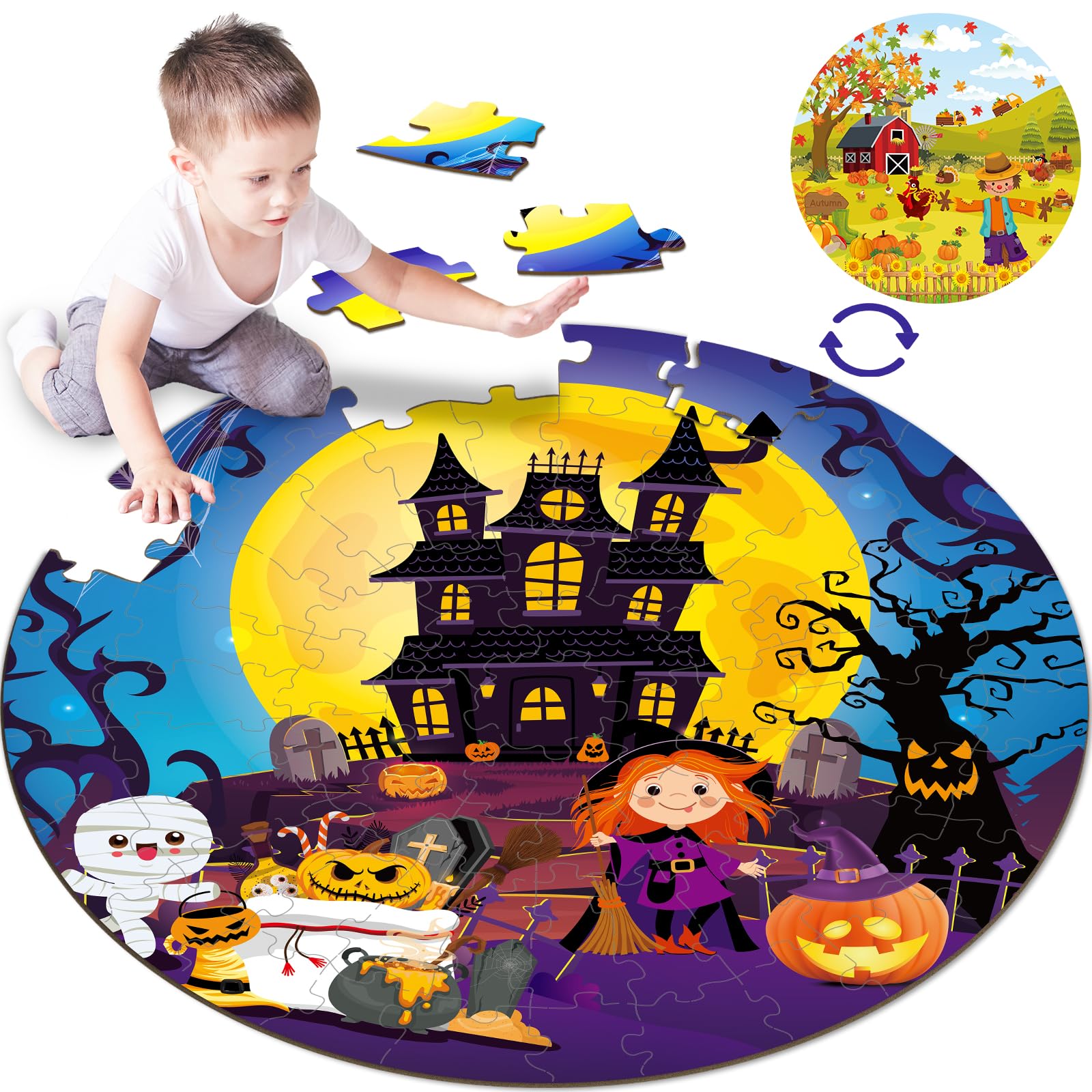 71 PCS Halloween Thanksgiving Double Sided Floor Puzzle for Kids Ages 4 ...