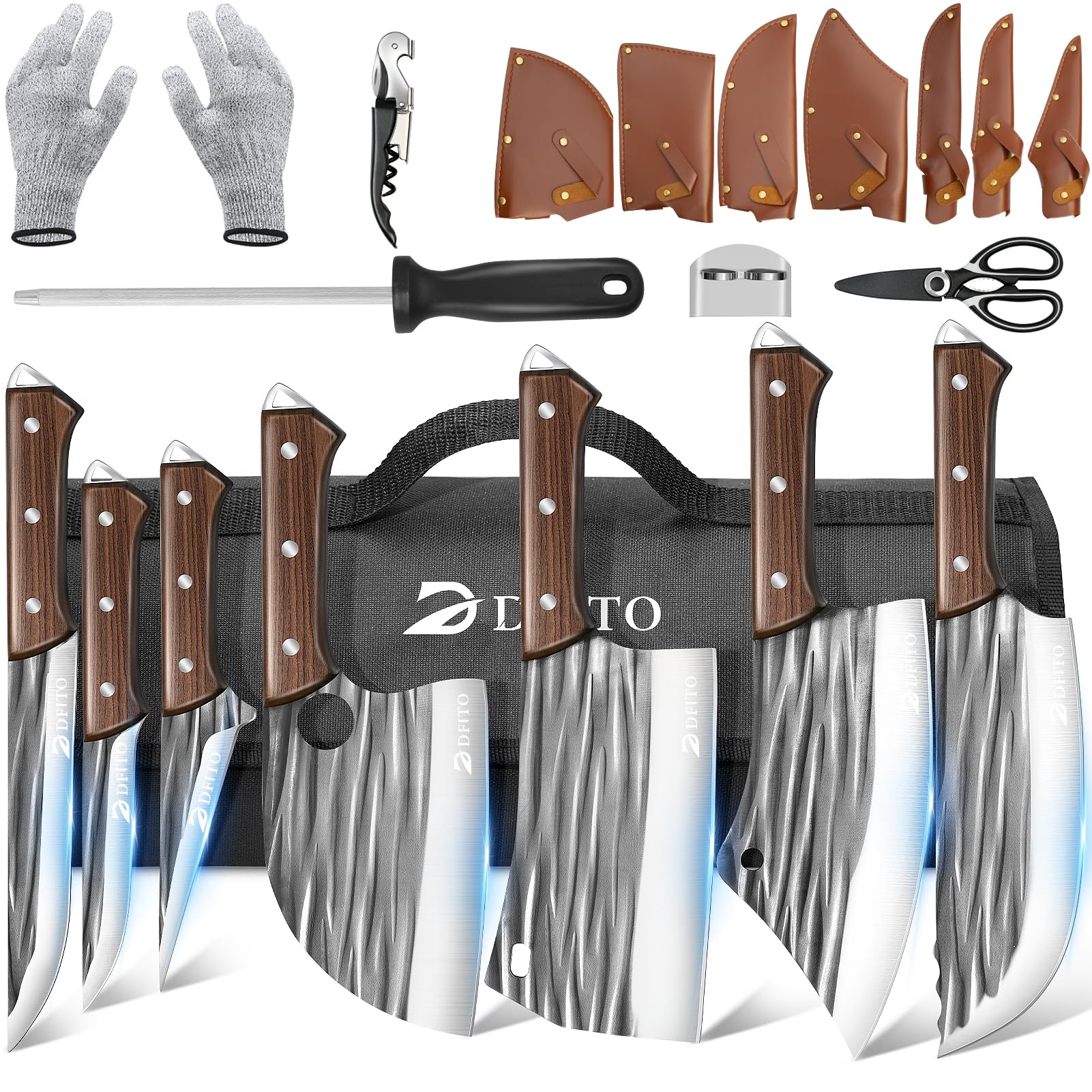 Dfito Butcher Knife Set with Roll Bag, 14 in 1 Professional Chef Knife ...