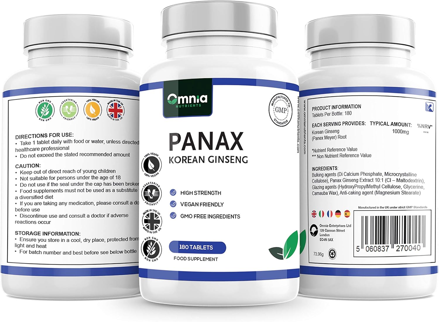 Panax | Korean Ginseng 1000mg | Panax Meyer Root |180 Vegan Tablets ...