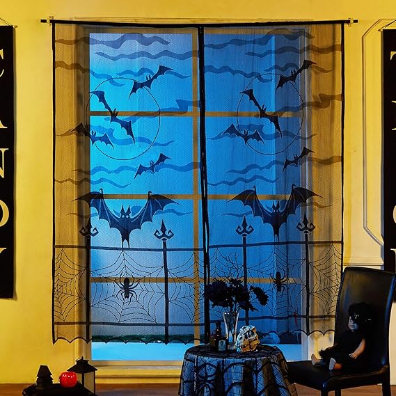 MACTING 2pcs Halloween Bats Lace Window Curtain Set, Black Spider Web ...