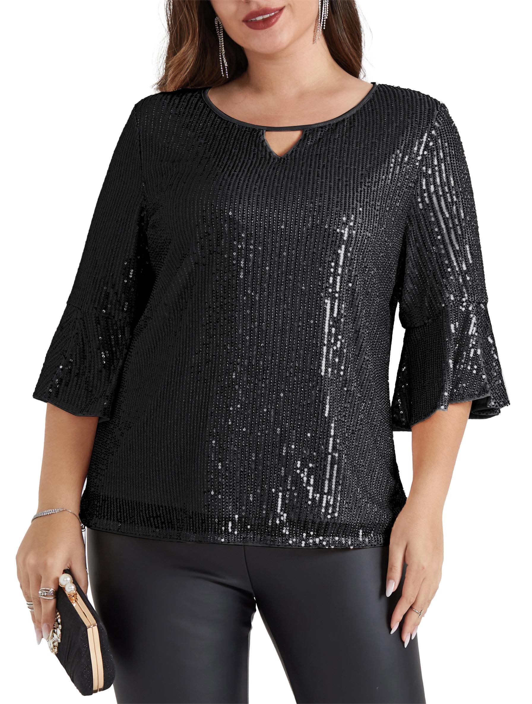 Hanna Nikole Women's Sequin Party Blouse Tops Crew Neck 3/4 Sleeve ...