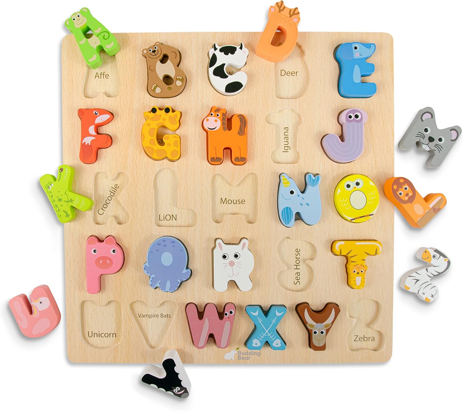 Budding Bear Wooden Animal Alphabet Puzzle – 100% Eco-Friendly Natural ...