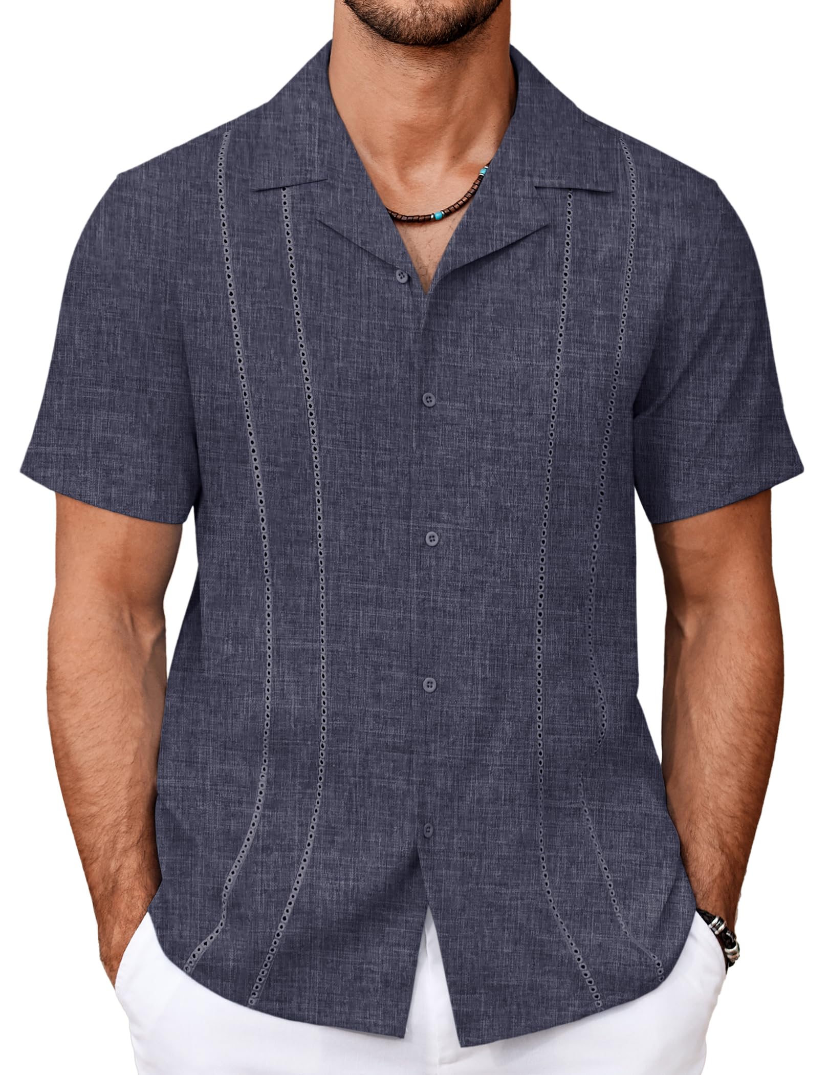 COOFANDY Men's Cuban Guayabera Shirt Button Down Short Sleeve Shirt Casual Stylish Summer Deep ...