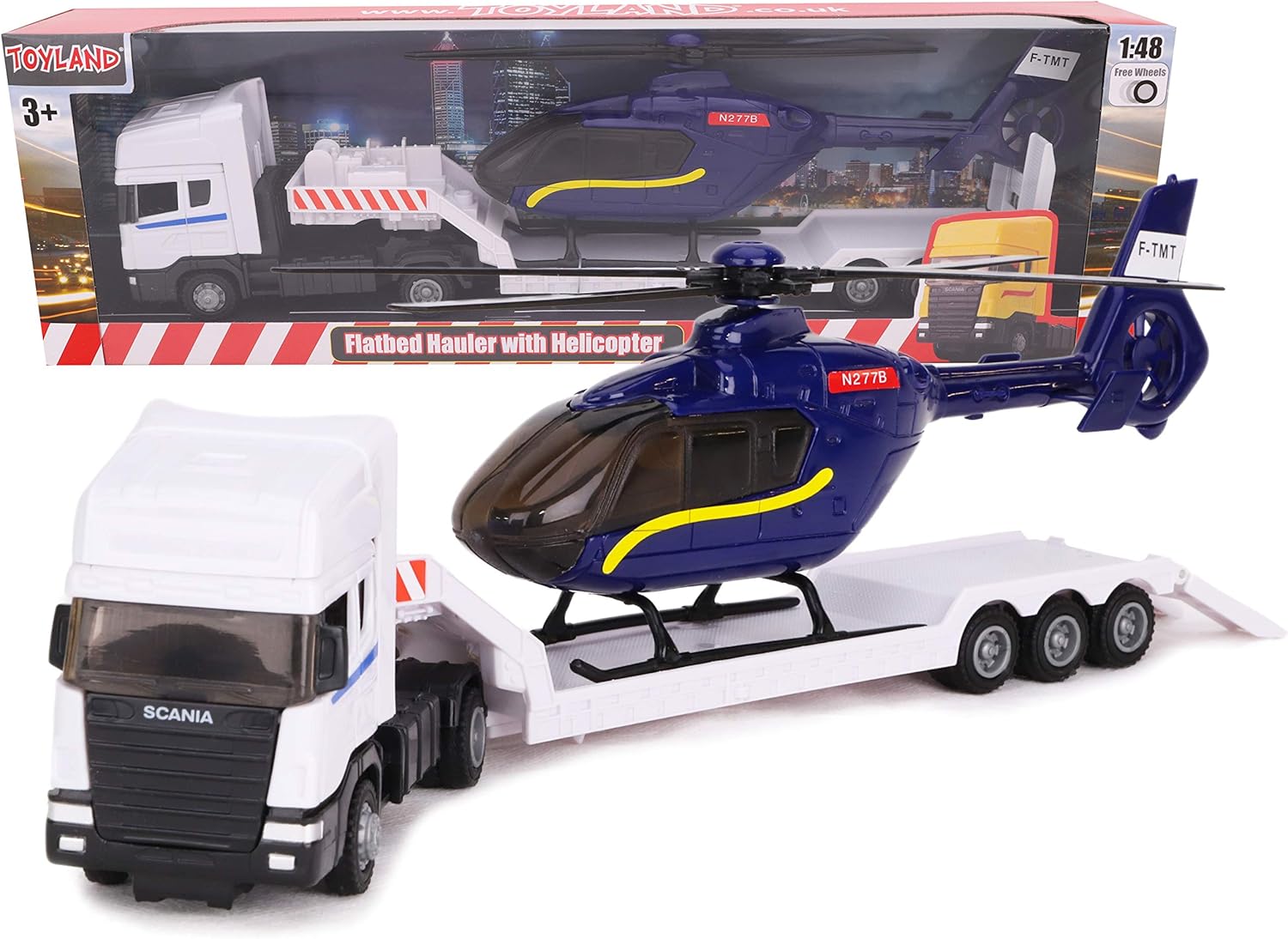 Toyland® Scania Flatbed Hauler With Helicopter – 1:48 Scale – Free ...