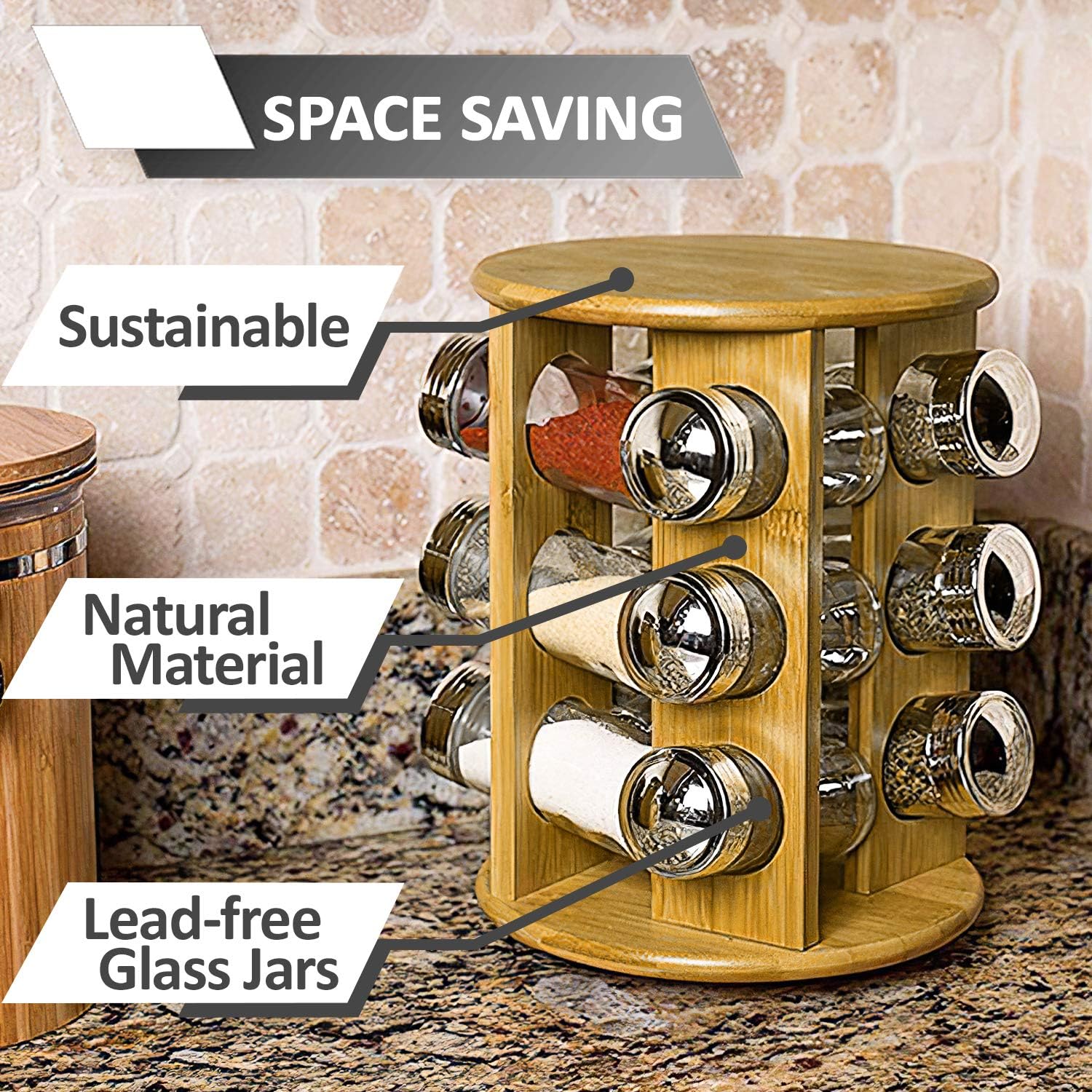 TRIENCY Bamboo Rotating Spice Rack Free Standing, Revolving Spice Rack ...