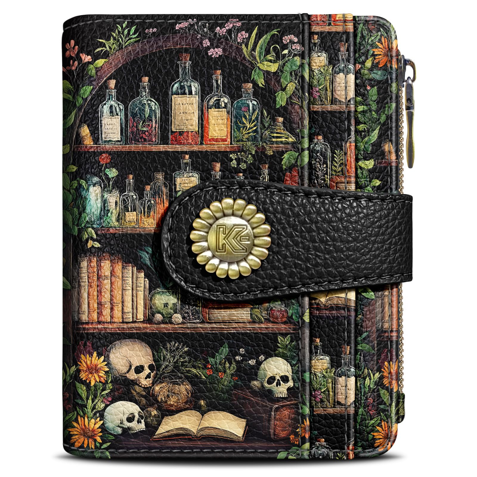 Kelvoris Bookshelves Skull Goth Gothic Small Rfid Women Wallet Bifold ...