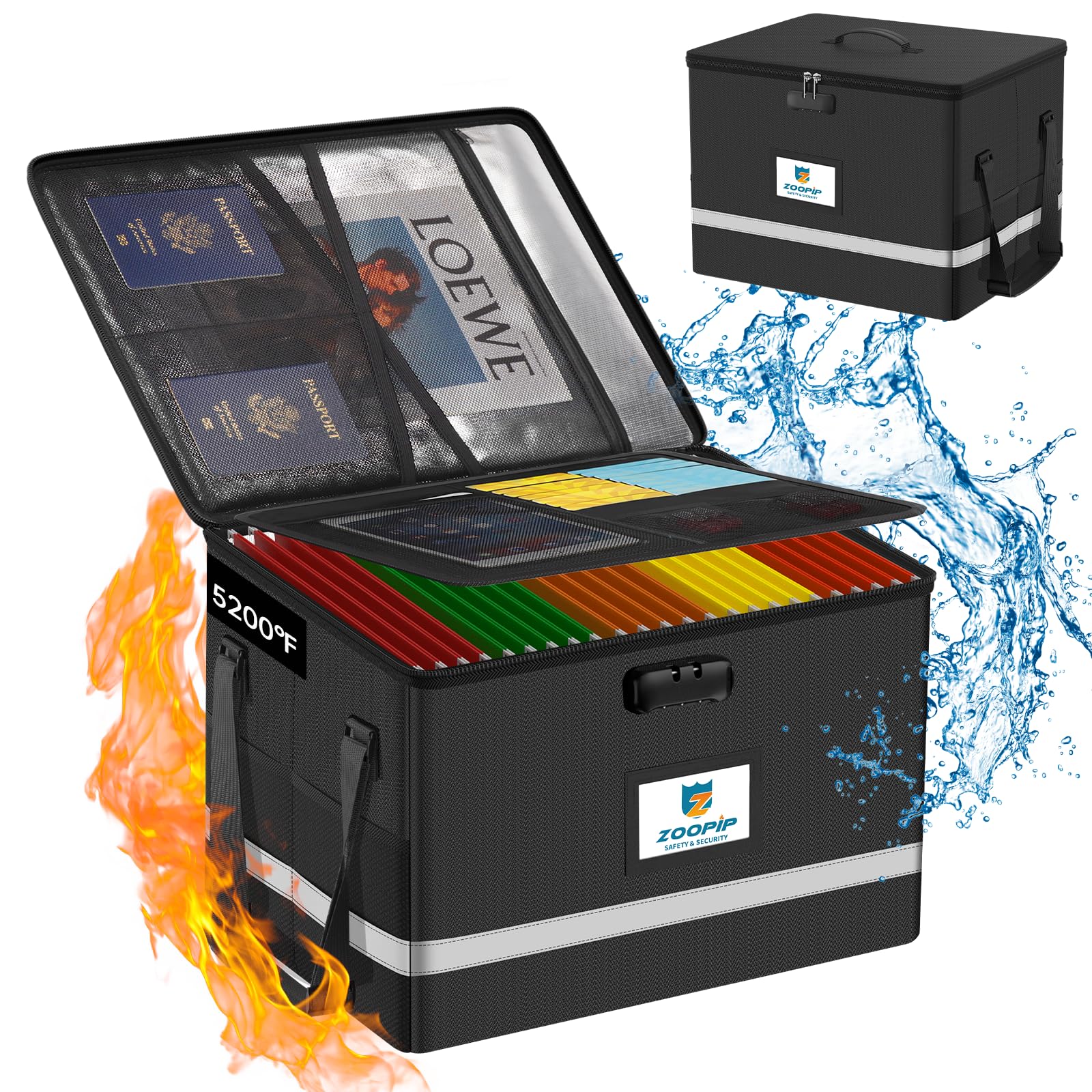 ZOOPIP Fireproof File Box with Lock, 5200°F Document Box Storage Organizer, Suitable for Hanging ...