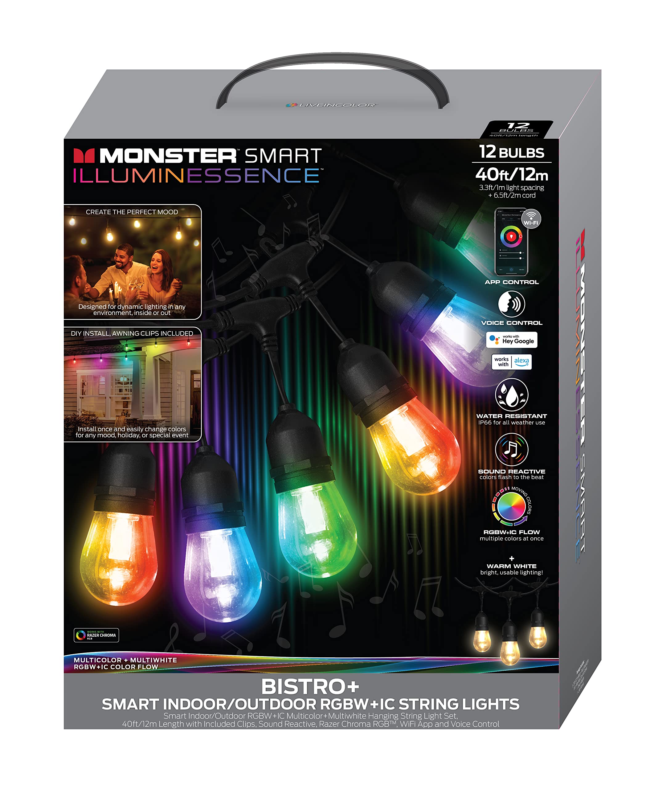 Monster Smart 40ft Bistro+ Patio String Light, Unique Multi-Color/LED ...