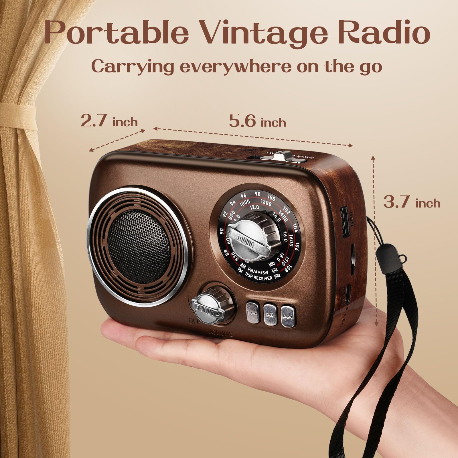 Portable Radio AM FM, Bluetooth Speaker Retro Radio, Support USB/TF ...