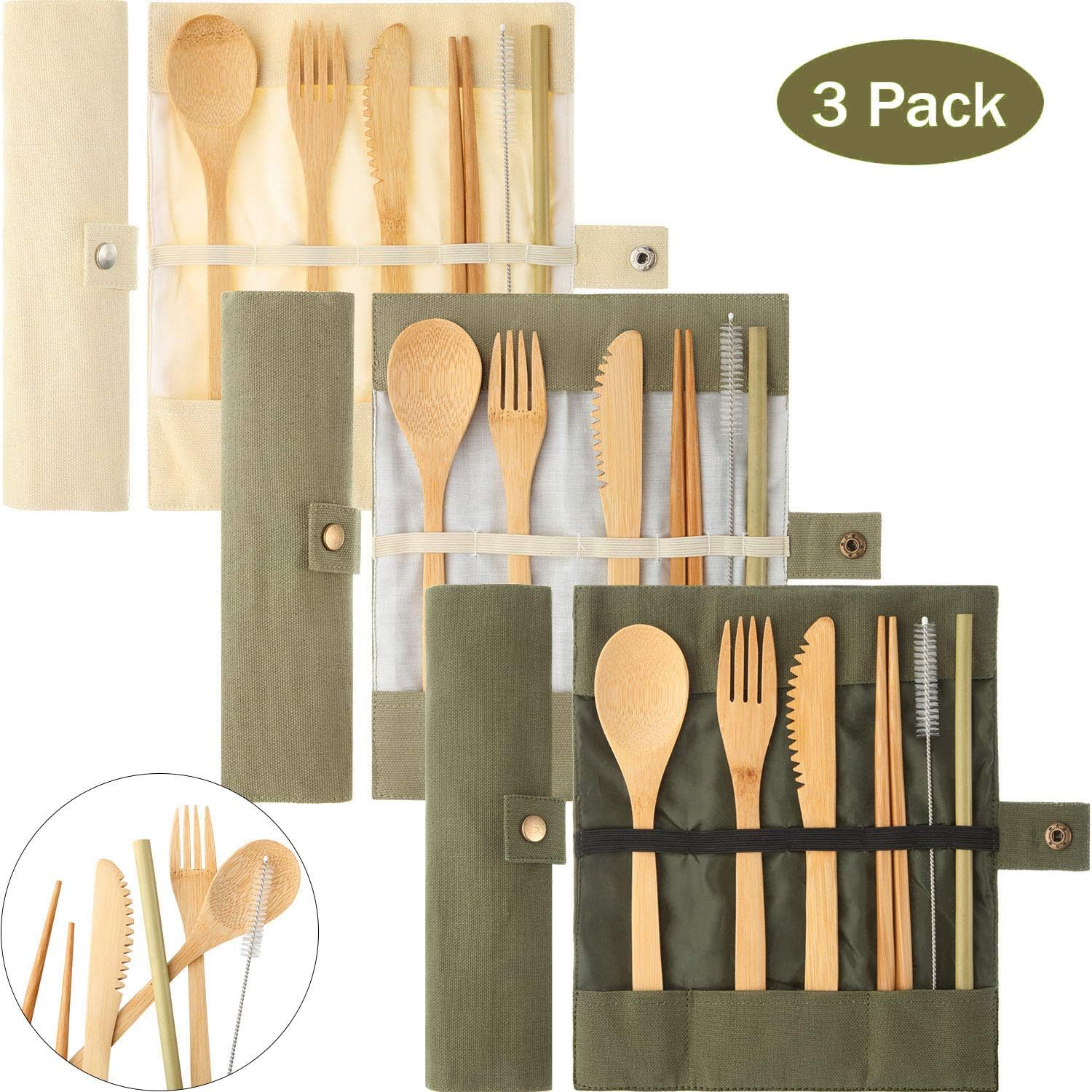 3 Set Bamboo Cutlery Set, Reusable Bamboo Utensil Include Knife, Fork ...
