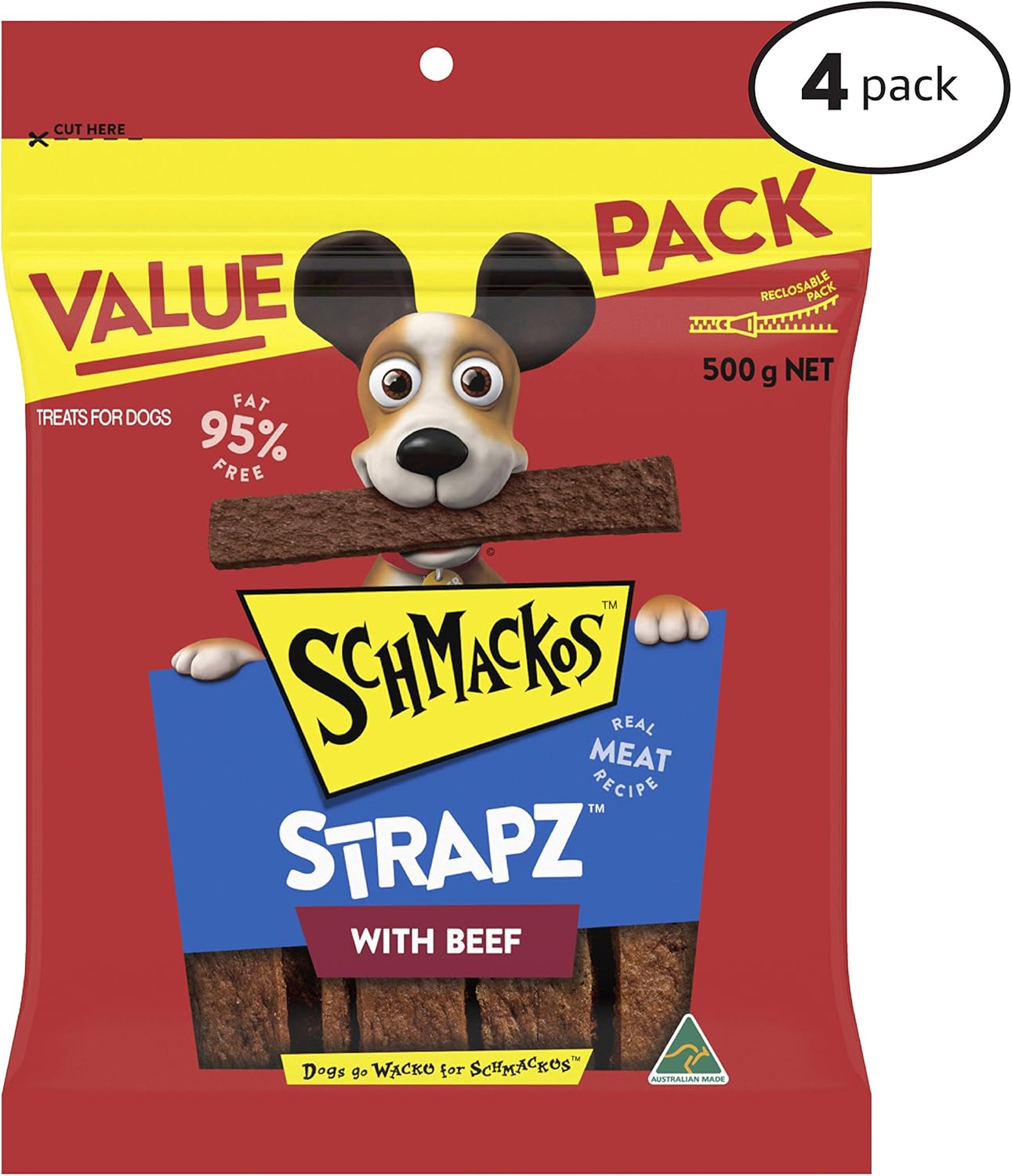 Schmackos Strapz Beef Flavour Dog Treats 2kg Value Pack, (4 x 500g bags ...