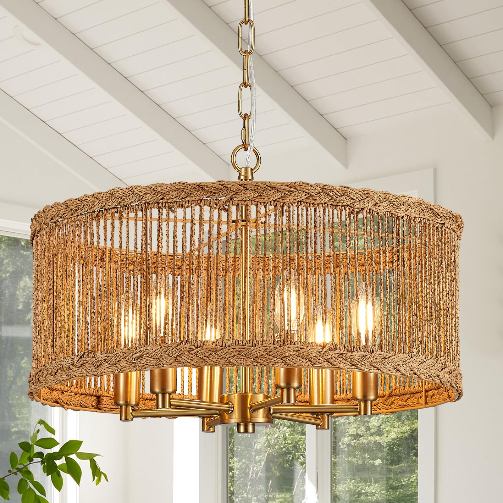 Tunkayli Hand Woven Rattan Chandelier Boho Coastal Round 20in ...