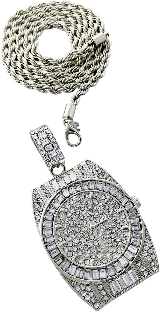 Amazon.com: CZ Diamond Rolex Watch Silver Pendant Necklace with 24 ...