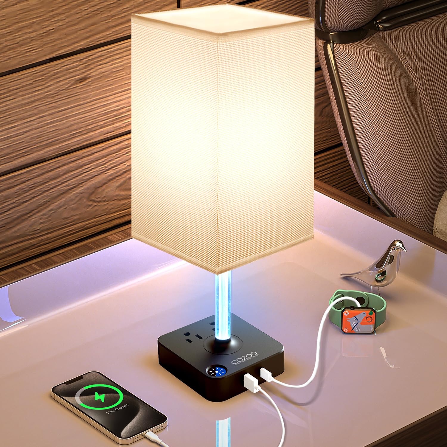 COZOO 3 Way Dimmable Touch Bedside Table Lamp with 2 USB Charging Ports ...
