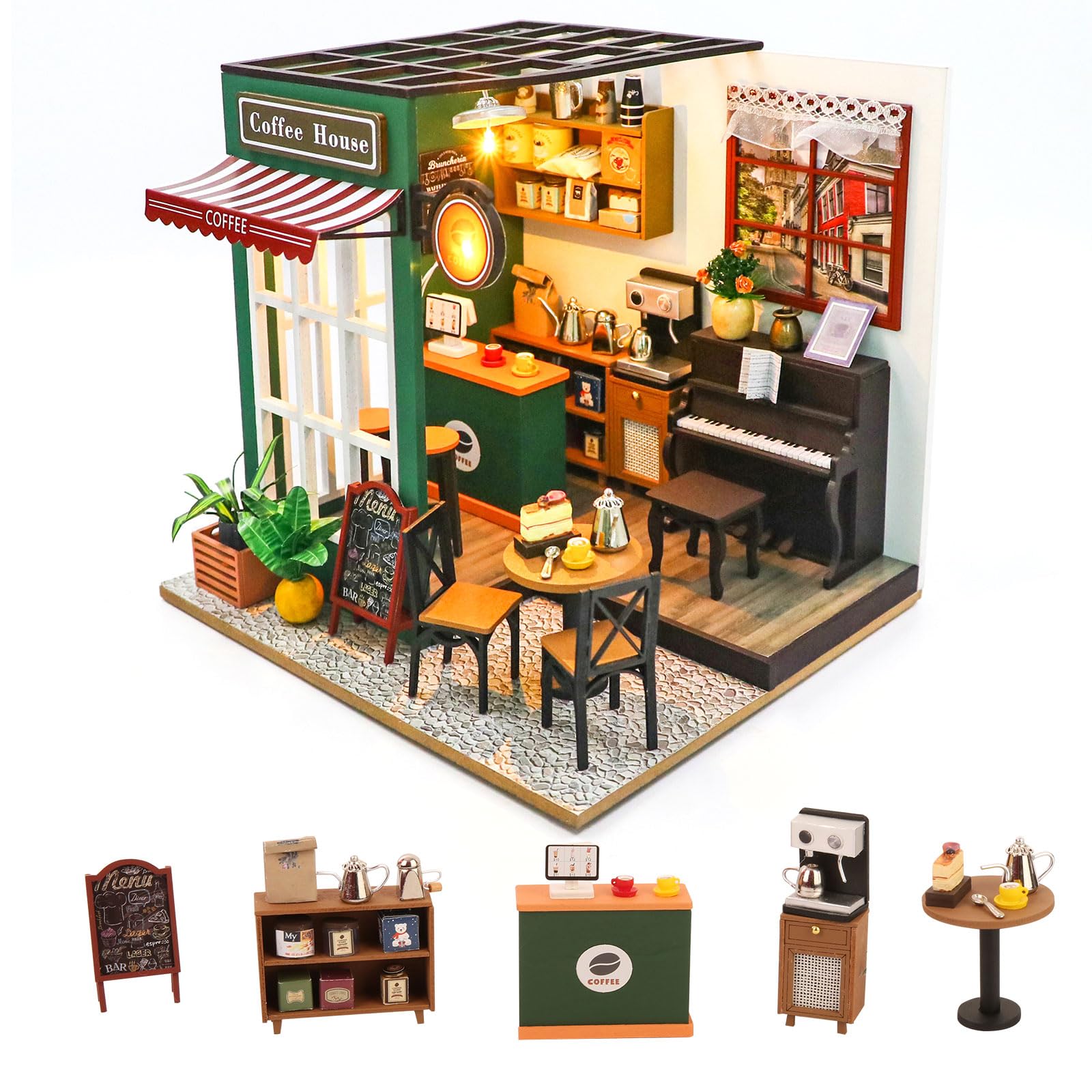 DIY Miniature House Kit,Tiny House Coffee Shop with Furniture & LED,DIY ...
