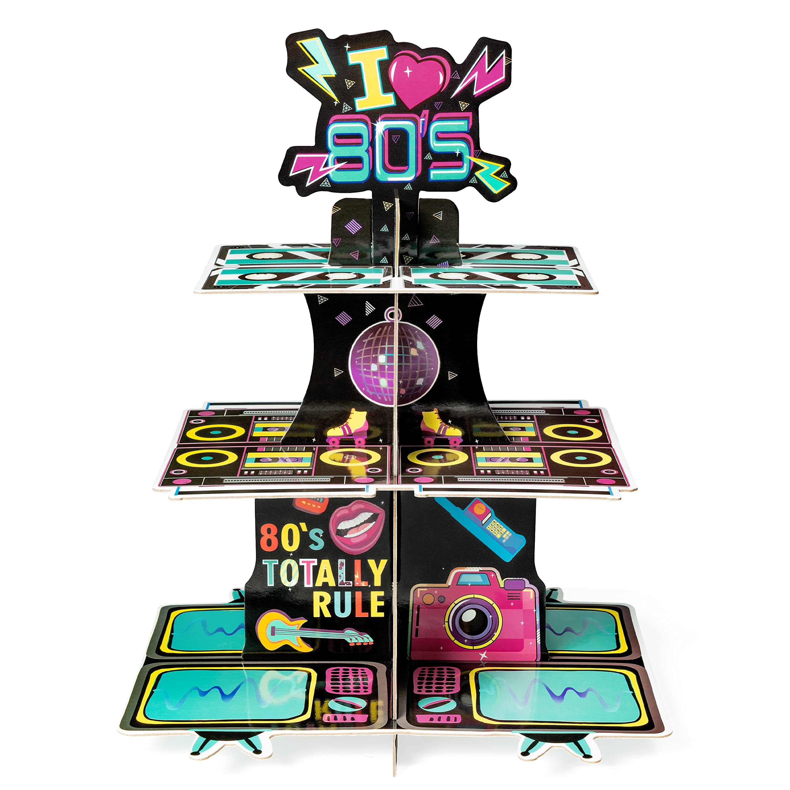 Haooryx 80s Party Decorations Cupcake Stand, 3 Tier I Love 80s Retro ...