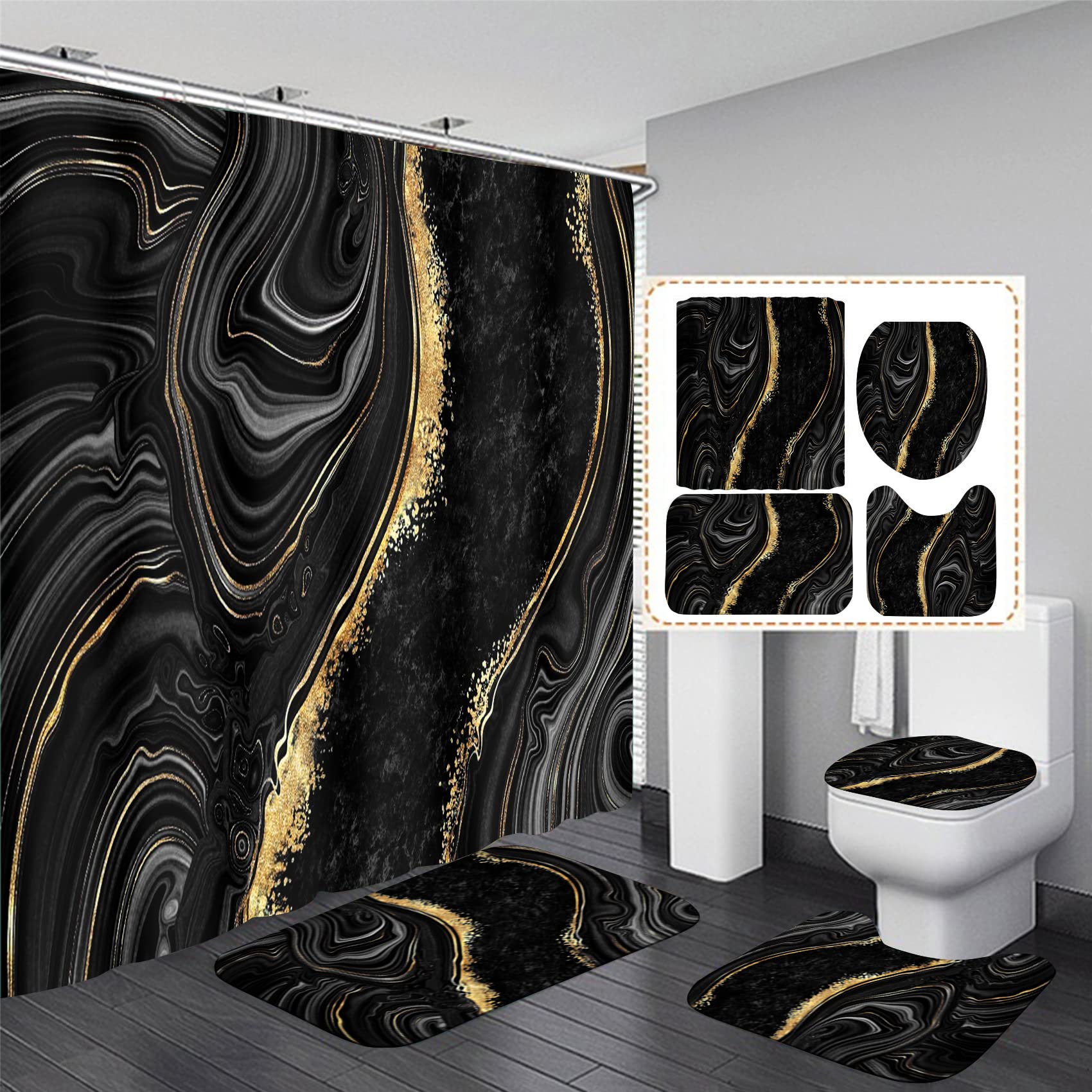 Nkzply 4 Pcs Black Marble Shower Curtain Sets with Rugs Gold Bathroom Sets with Shower Curtain ...