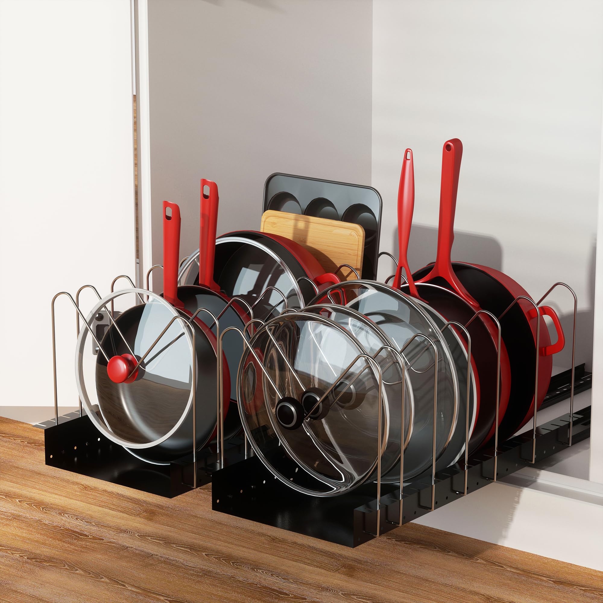 Pull Out Pots and Pans Organizer for Cabinet - Sliding Lid Holder and ...