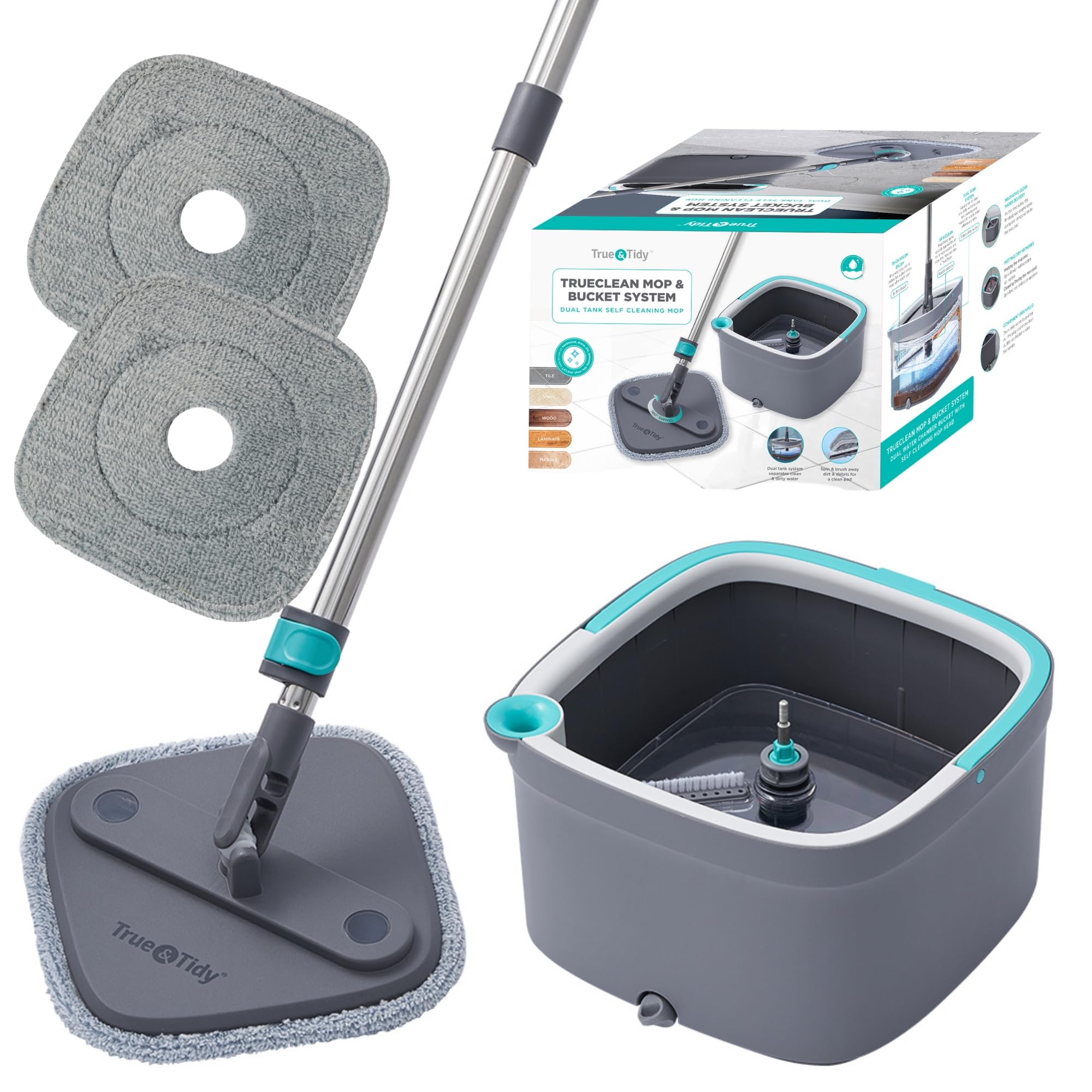 True & Tidy True Clean Mop and Bucket System, Includes Square Spin Mop ...