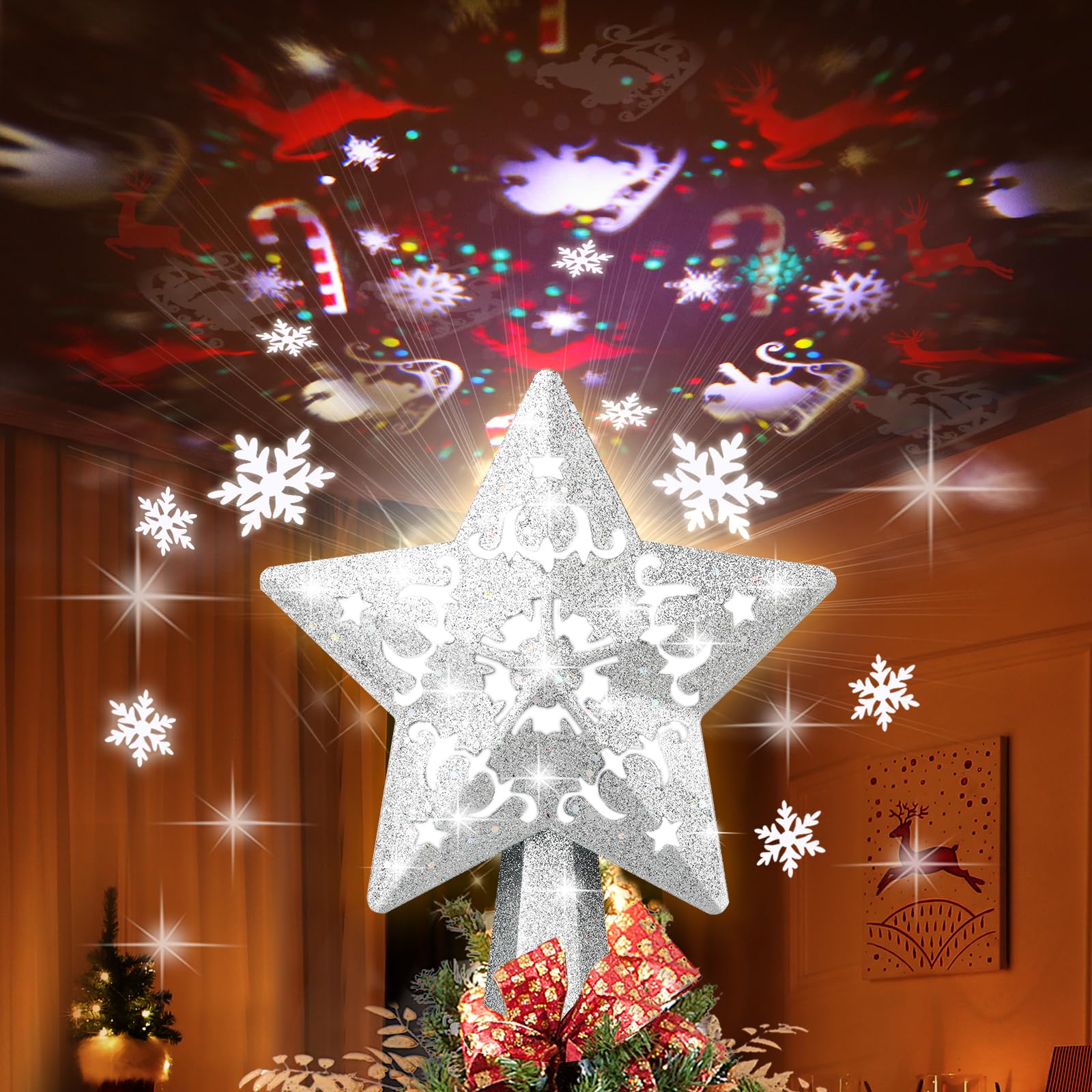 Christmas Tree Topper, Christmas Star Tree Topper Built-in LED Rotating ...