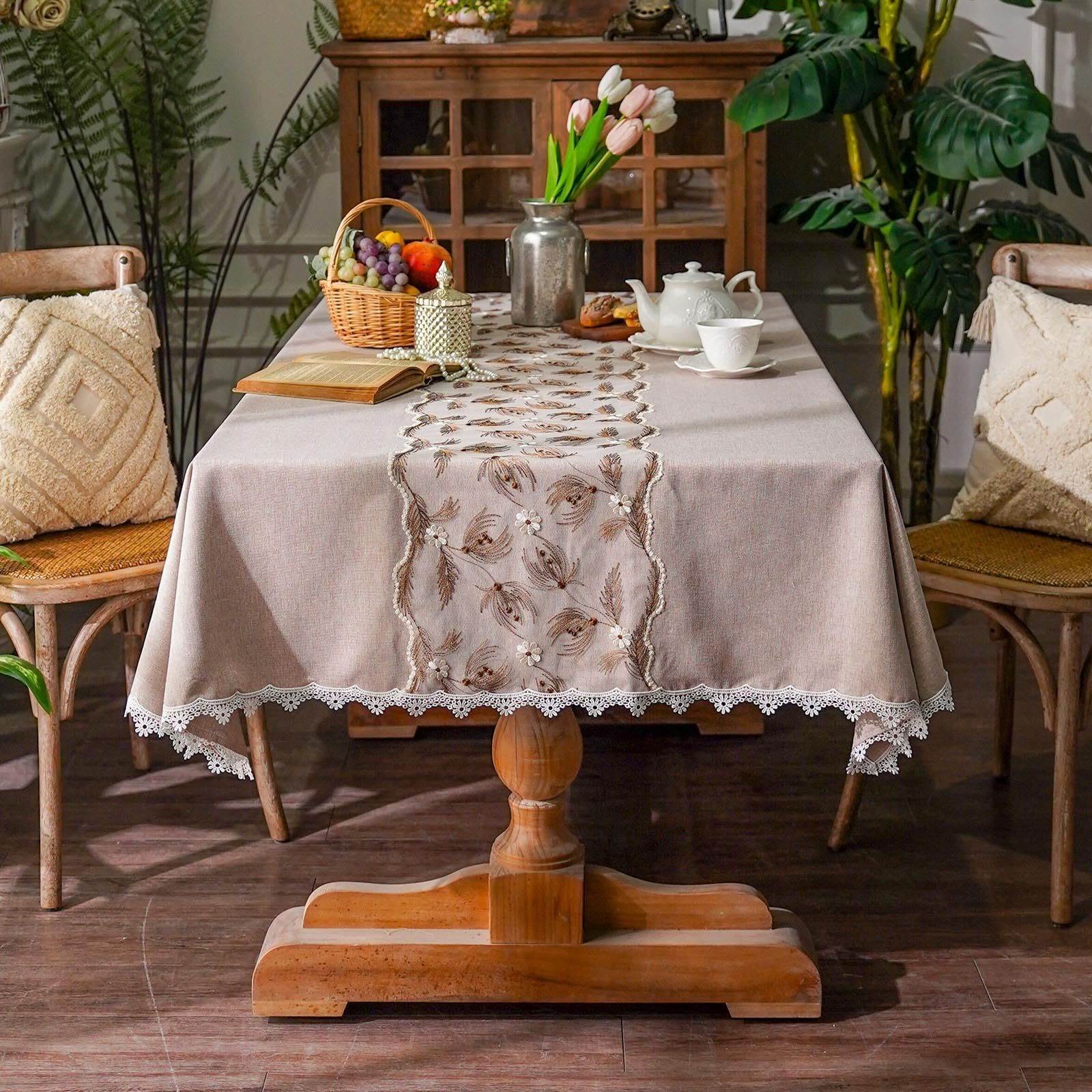 SUTAVIA Cotton Linen Tablecloth with Exquisite Floral Lace Tassel Dust ...