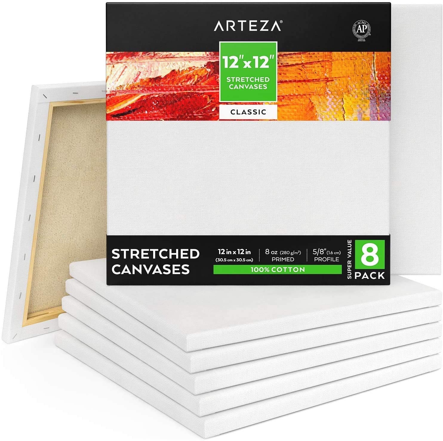 Arteza 12x12 Inch Stretched Canvas, Classic Pack of 8, Primed, 100% ...