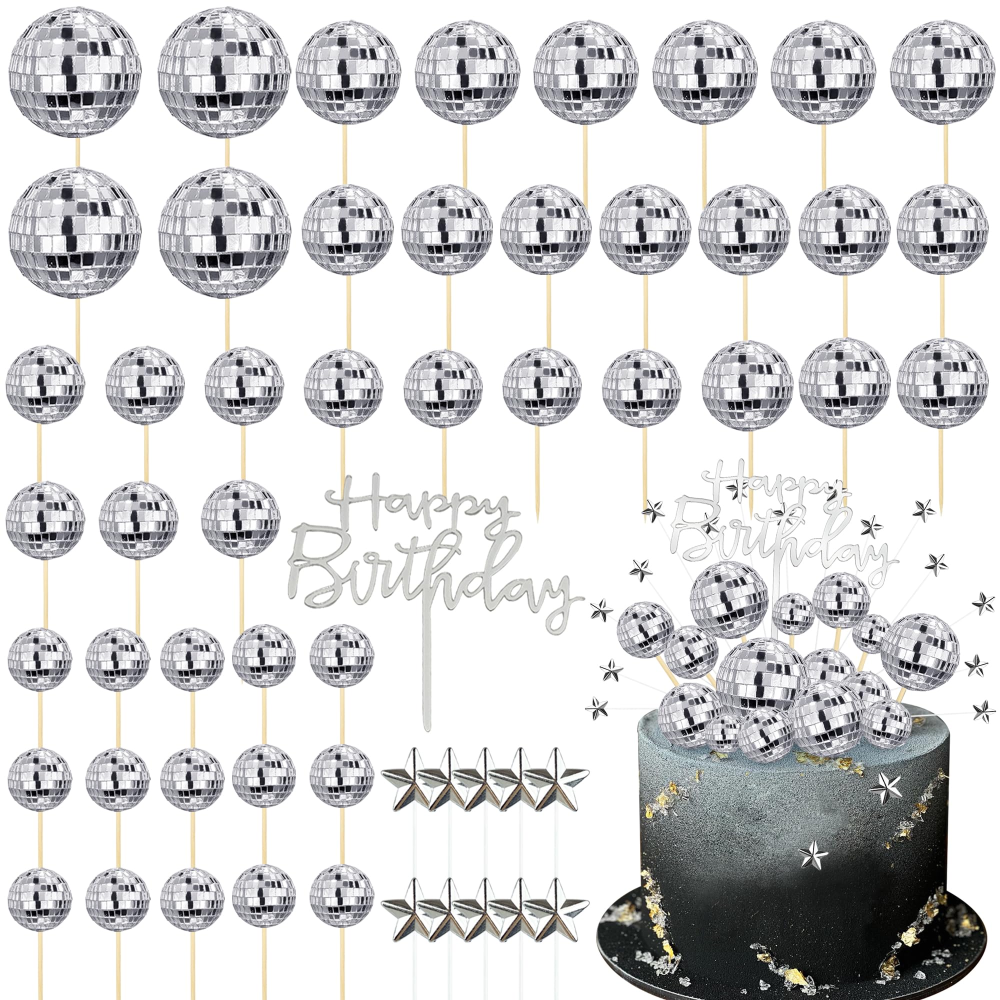Mua 56 PCS DIY Disco Ball Cupcake Toppers Acrylic Happy Birthday Cake ...