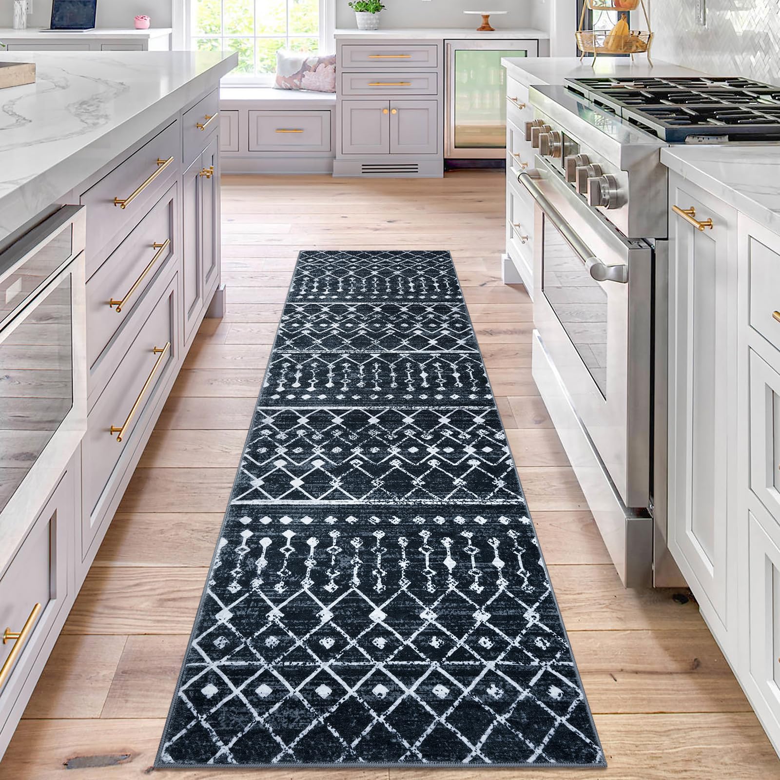 Lansny Hallway Runner Rug, Charcoal Black Navy Blue Washable Runner Rug ...