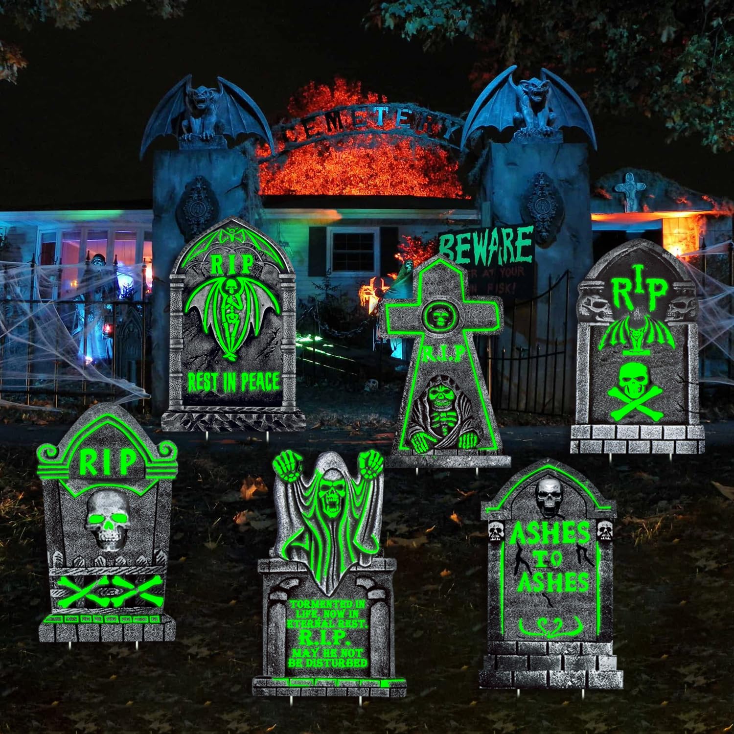 25"x16"Spooky Halloween Gravestones Yard Sign Glow in The Dark, 6Pcs ...