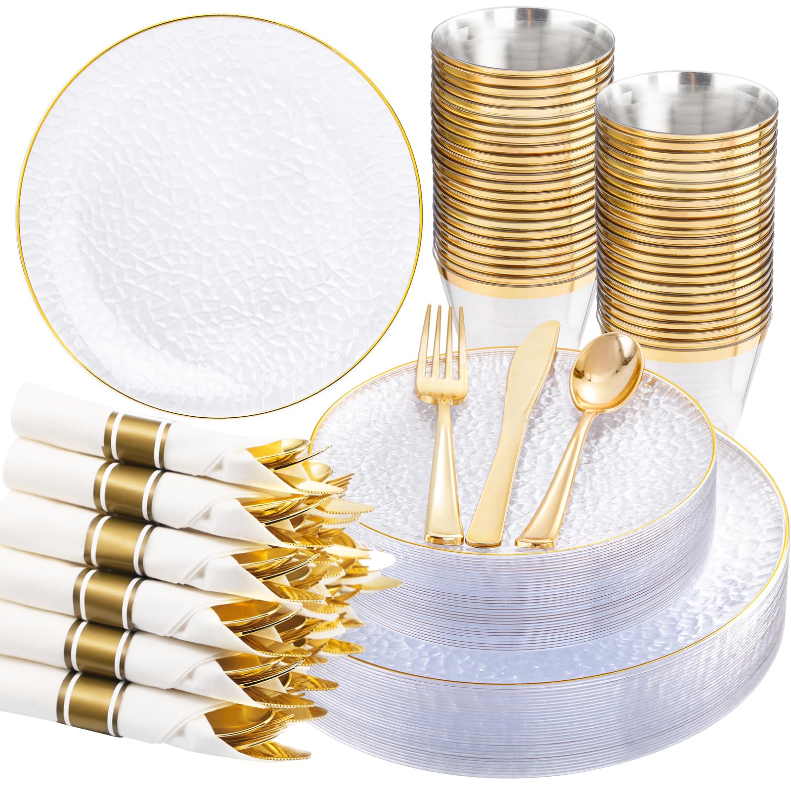 Hioasis 175PCS Clear Gold Plastic Plates - Hammered Plastic Plates ...
