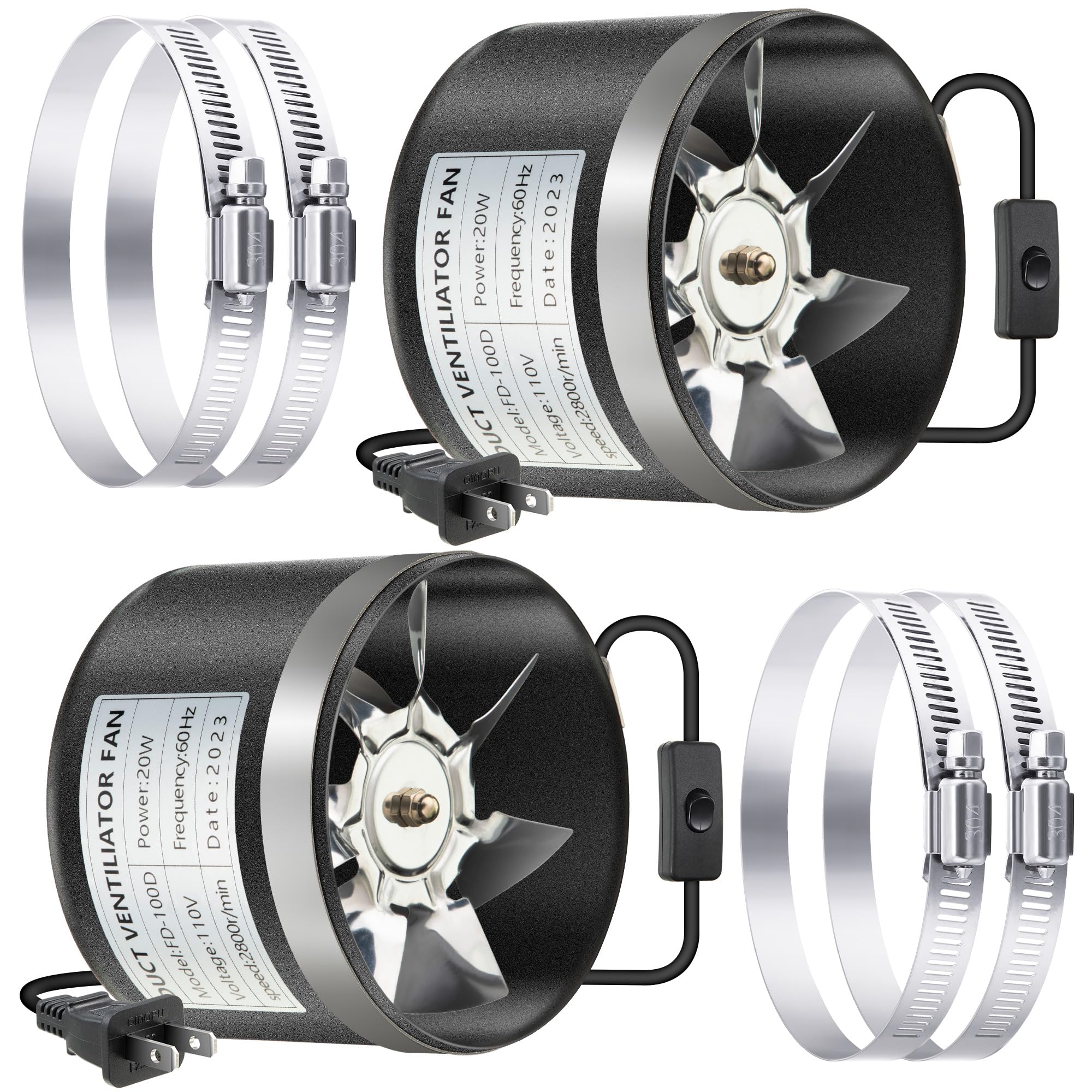 Dreyoo 2 Pack 4 Inch Inline Duct Fans with Duct Clamps, 110 CFM ...