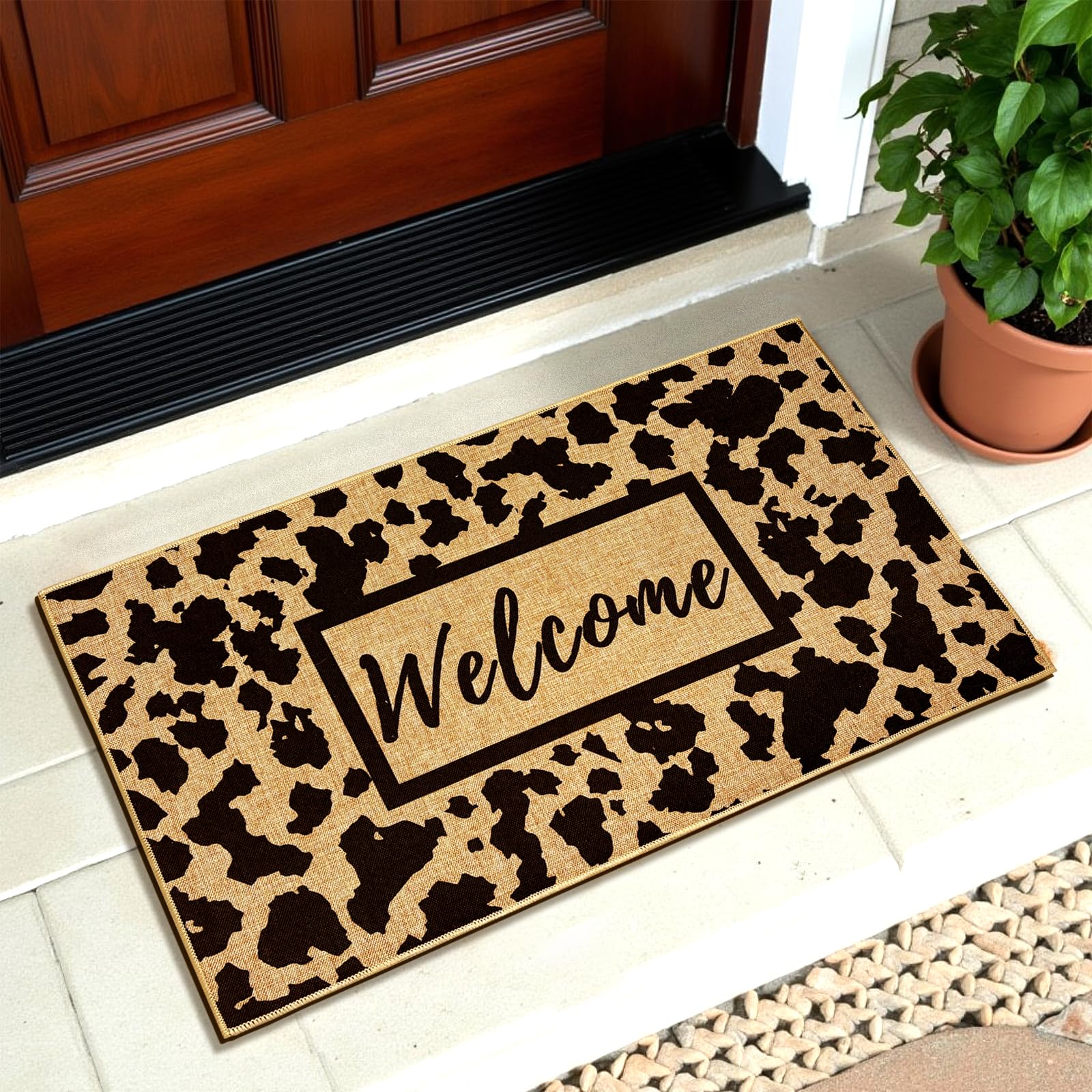 Welcome Doormat Cow Print Door Mat Black Dot Entrance Mat for Front ...