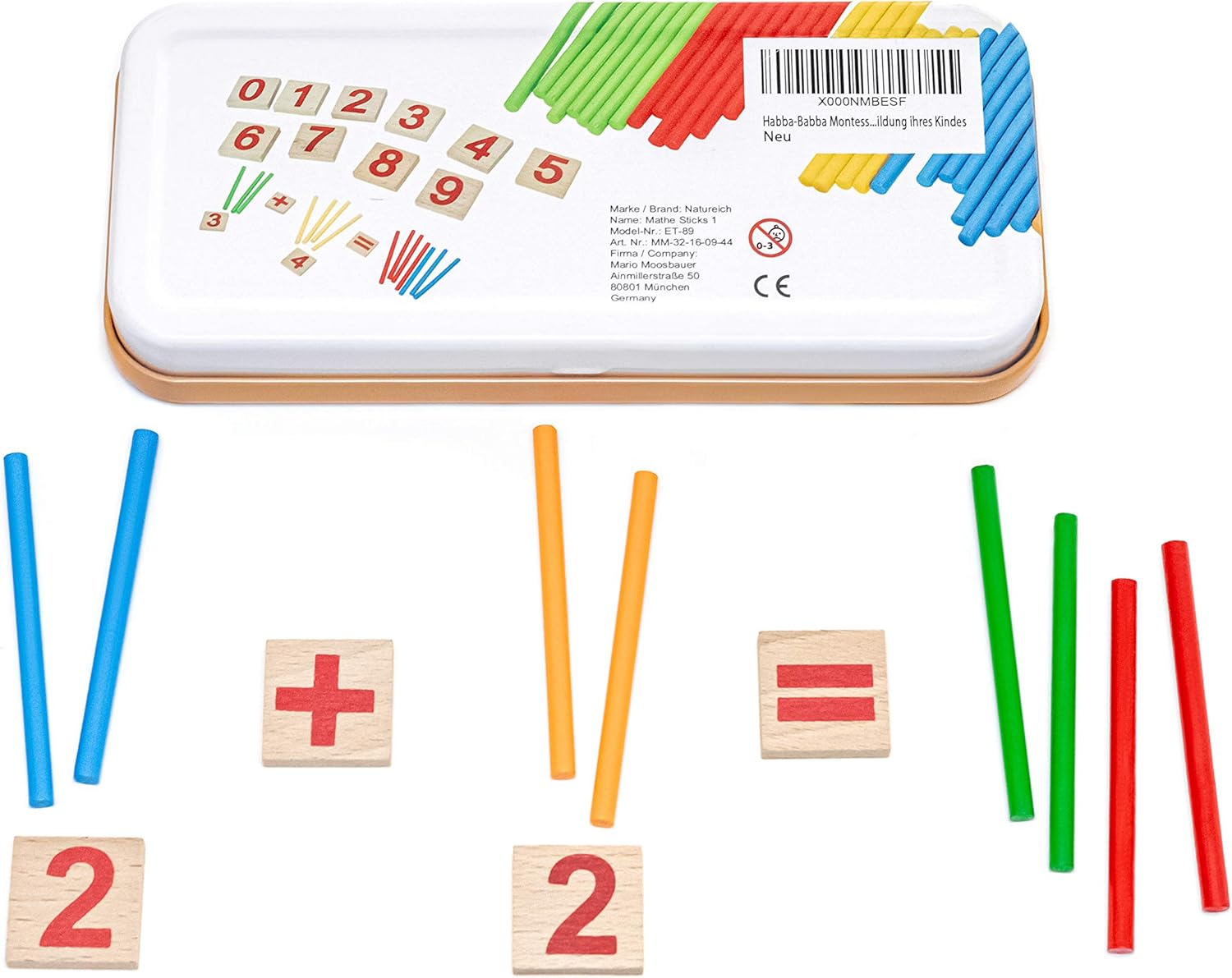 Natureich Montessori maths toy made from wood incl. metal storage box ...