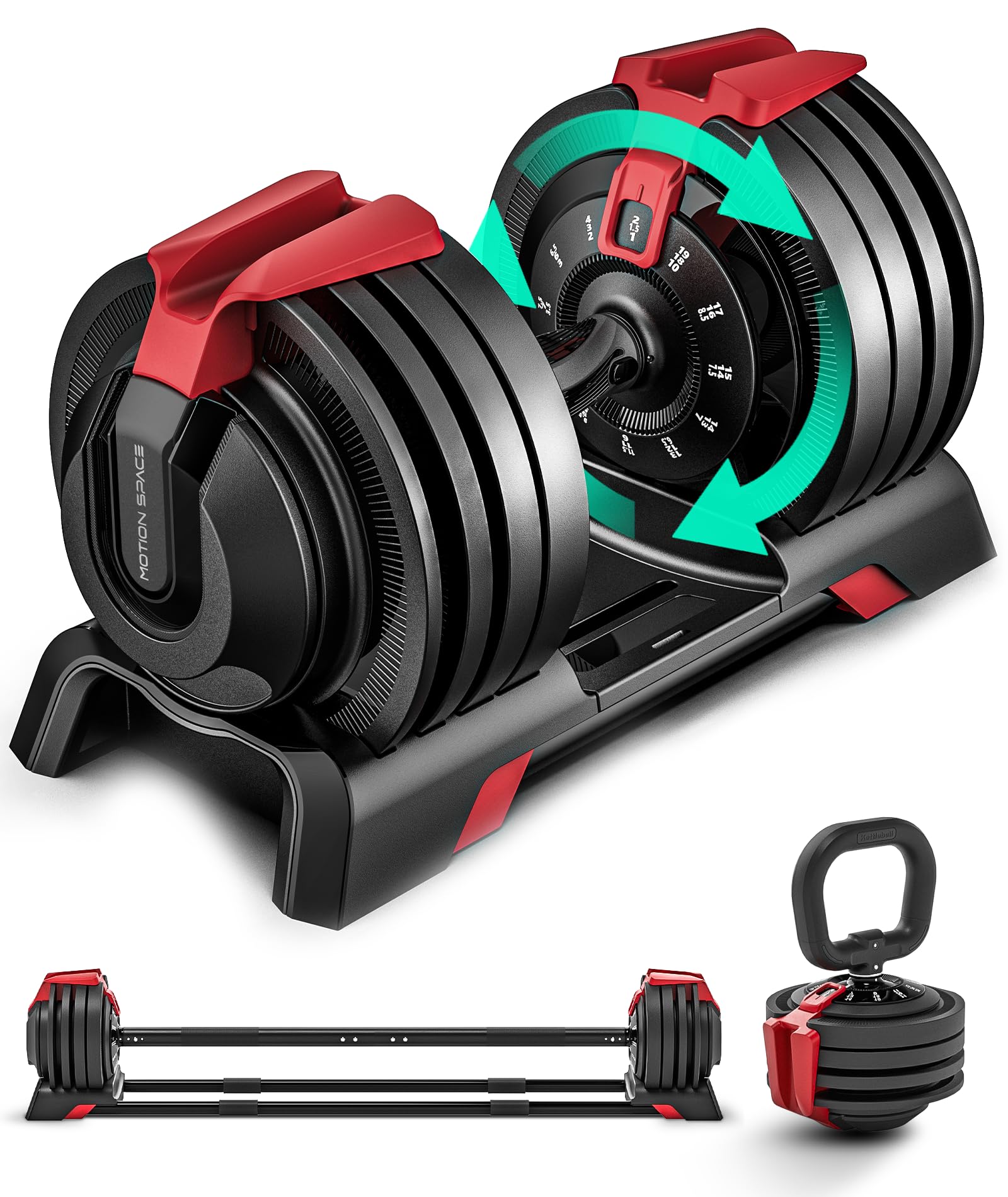 Motion Space 3-In-1 Adjustable Dumbbell Set, 54LBS Barbell Kettlebell ...