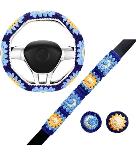 Crochet Steering Wheel Cover Boho Set - 14-15 Inch, Handmade Sunflower ...