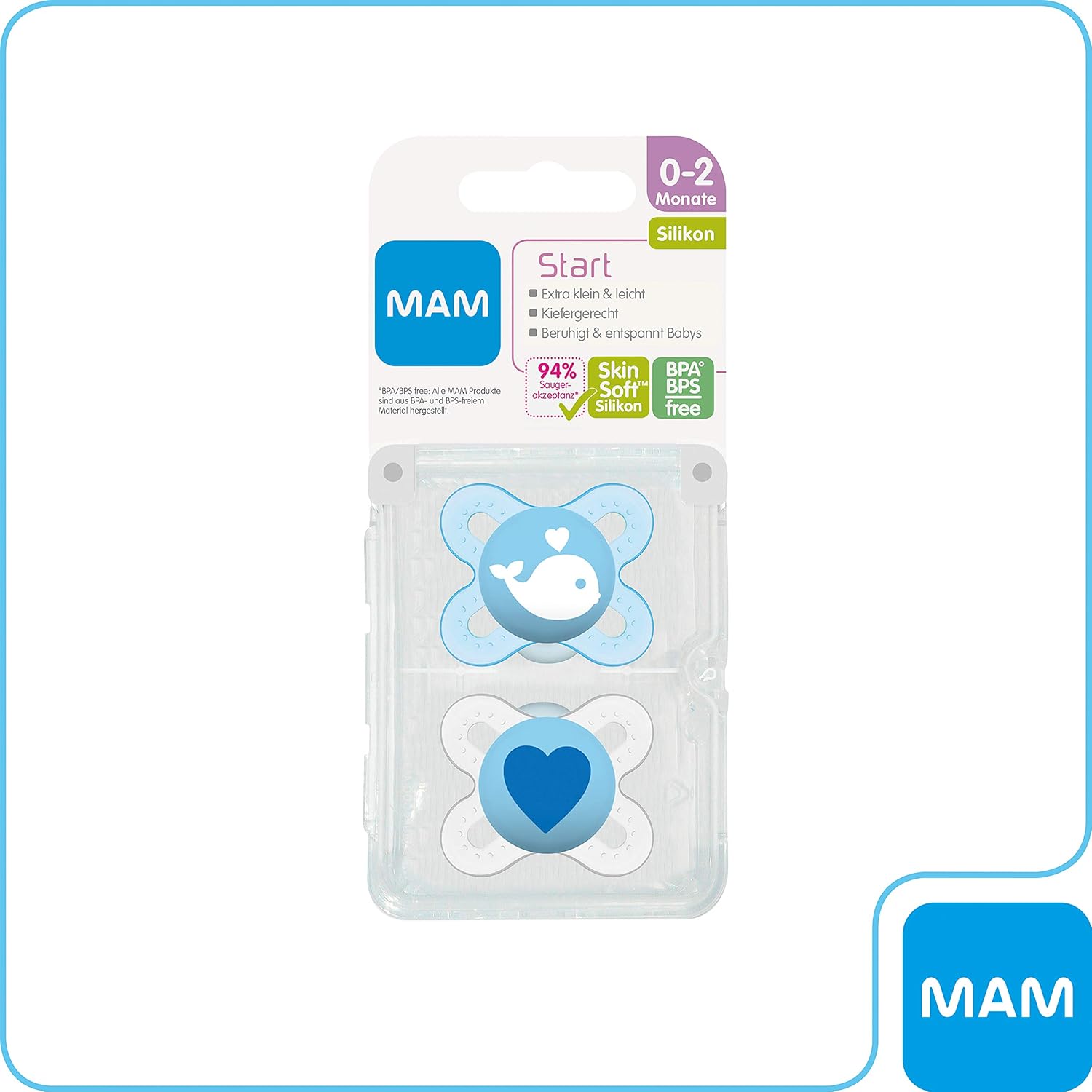 MAM Start Silicone Dummies Pack of 2 for Ages 0 – 2 Months, Packaging ...