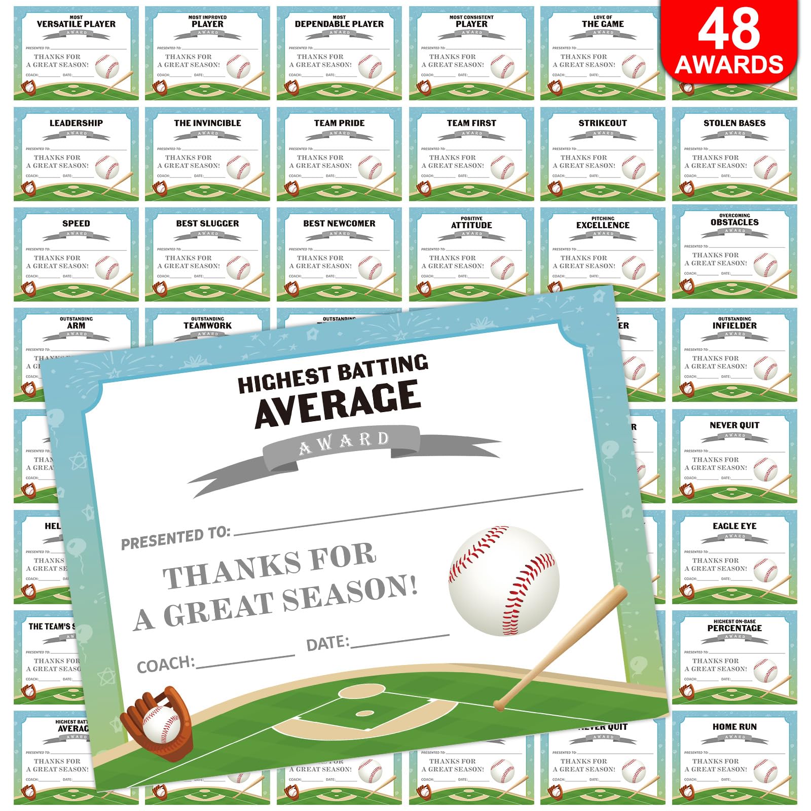 Motipuns 48Pcs Baseball Award Certificates End of Season Baseball Team ...