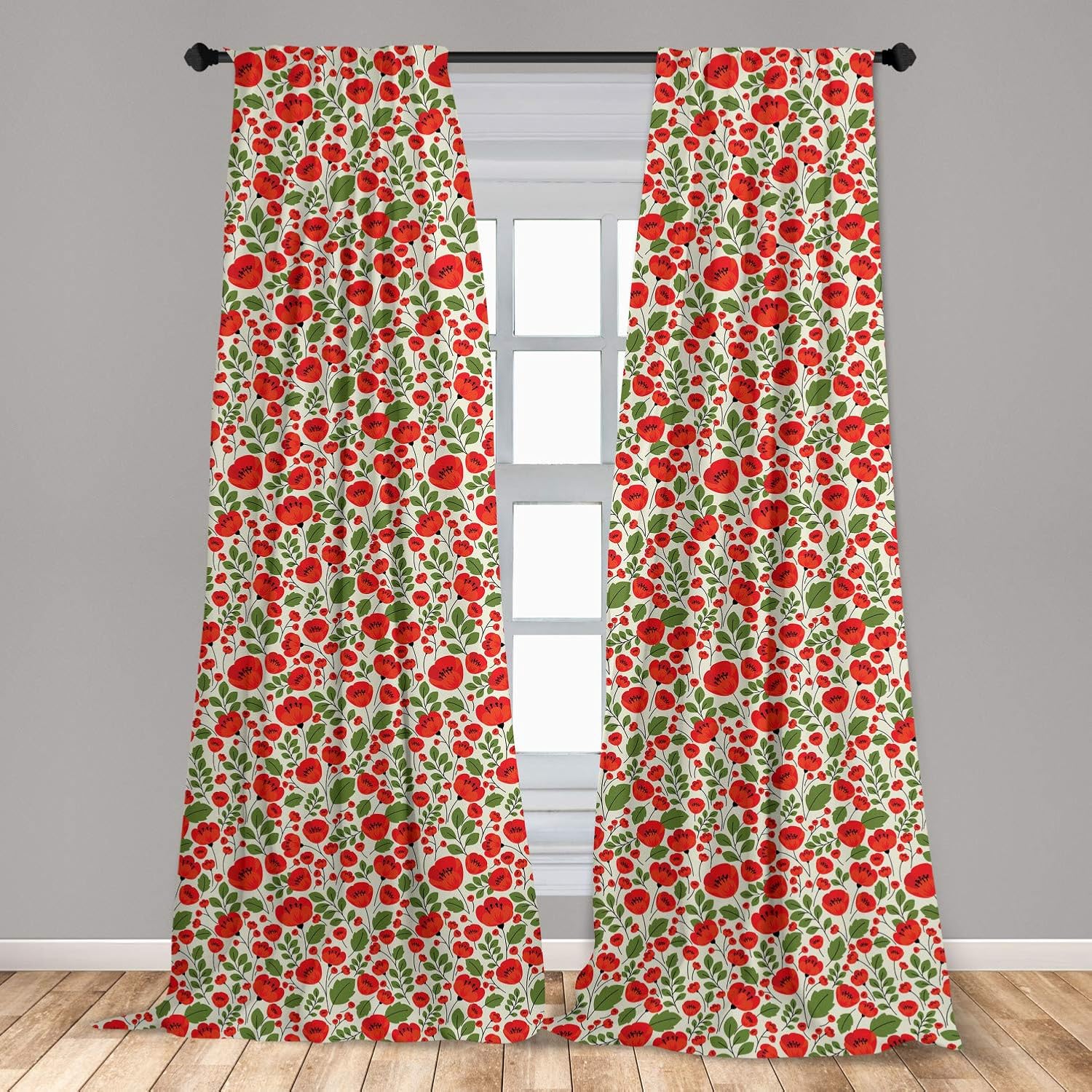 Amazon.com: Lunarable Poppy Curtains, Pattern in Retro Style with Flowers Petals and Green ...