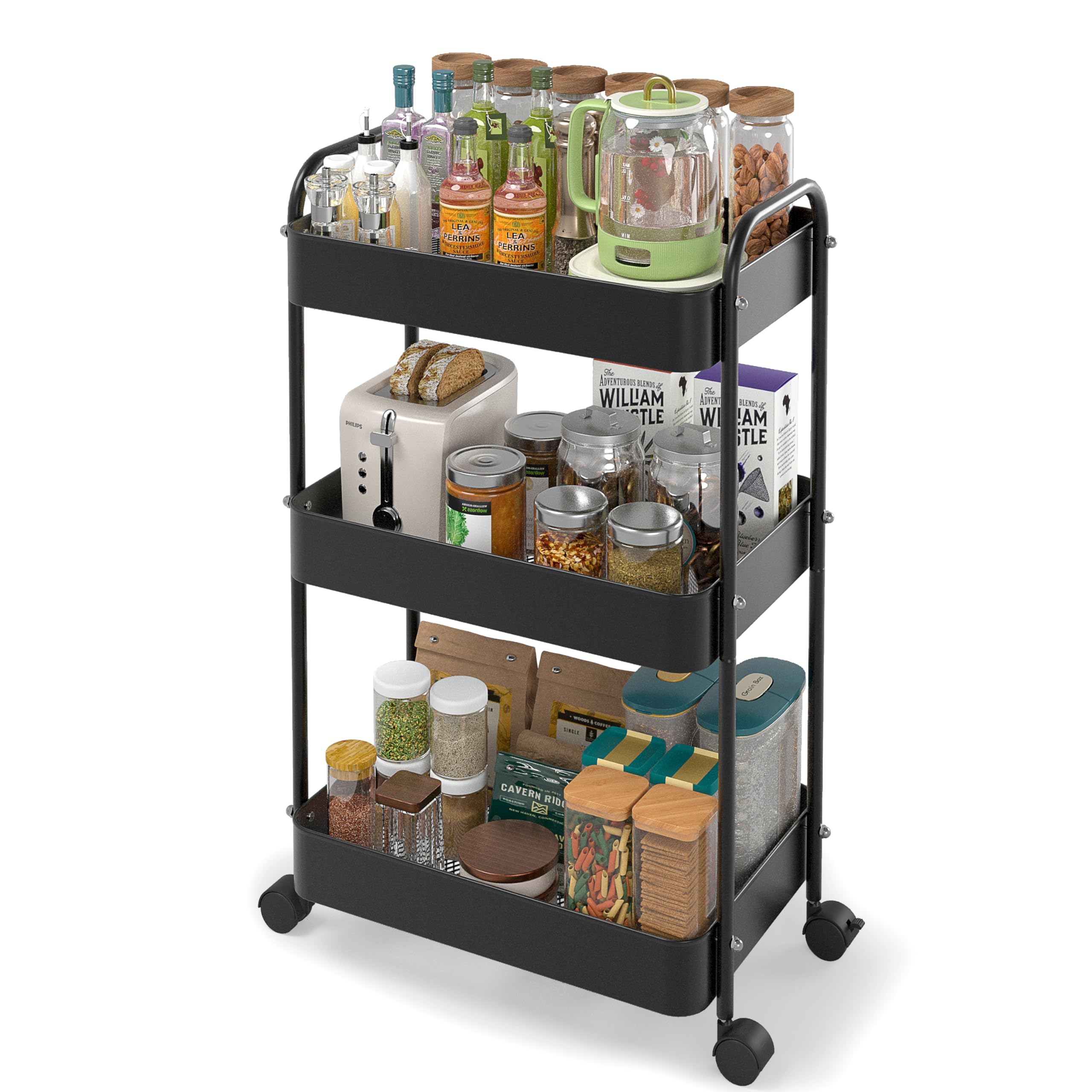 MayDiary Storage Cart 3 Tier Black Metal Rolling Carts with Wheels for ...