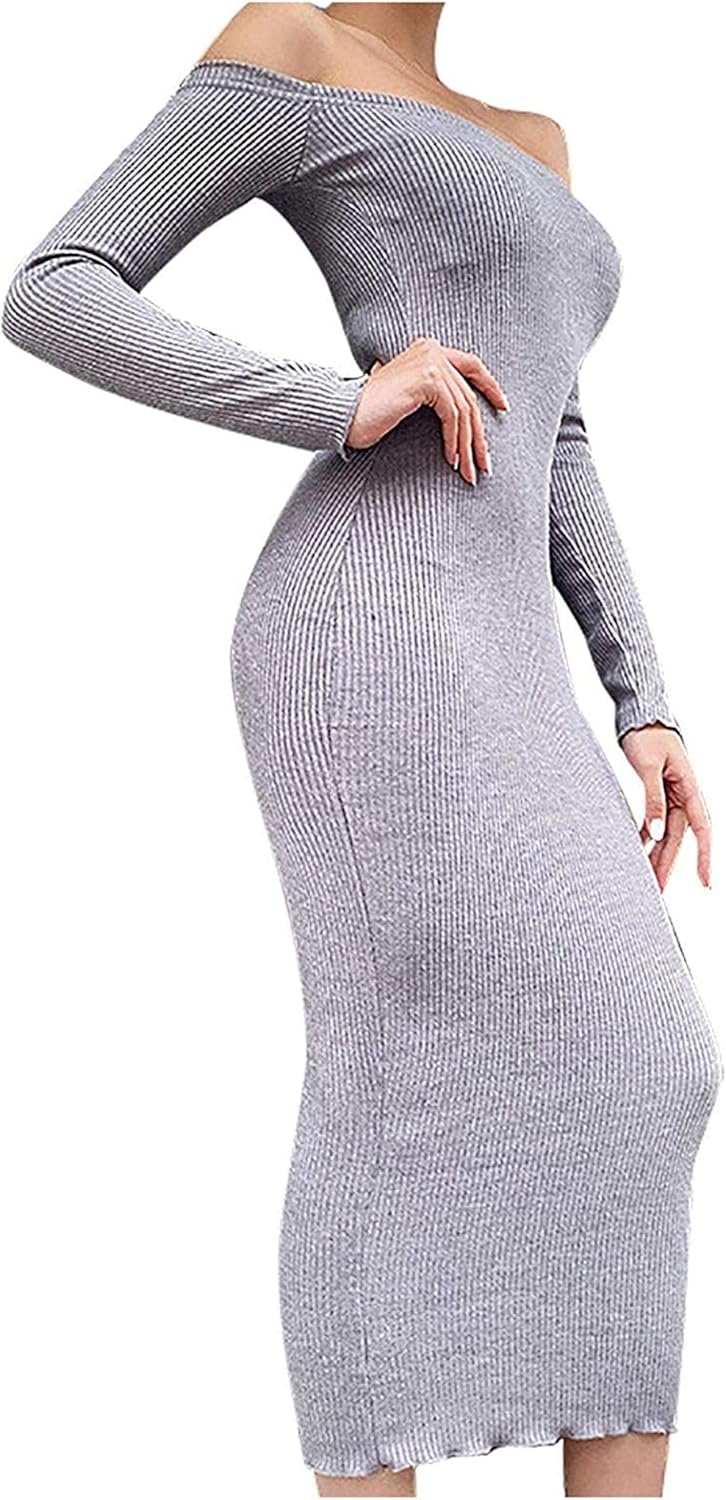 Women Sexy Tight Maxi Dress Long Sleeve Cold Shoulder Solid Color Slim ...