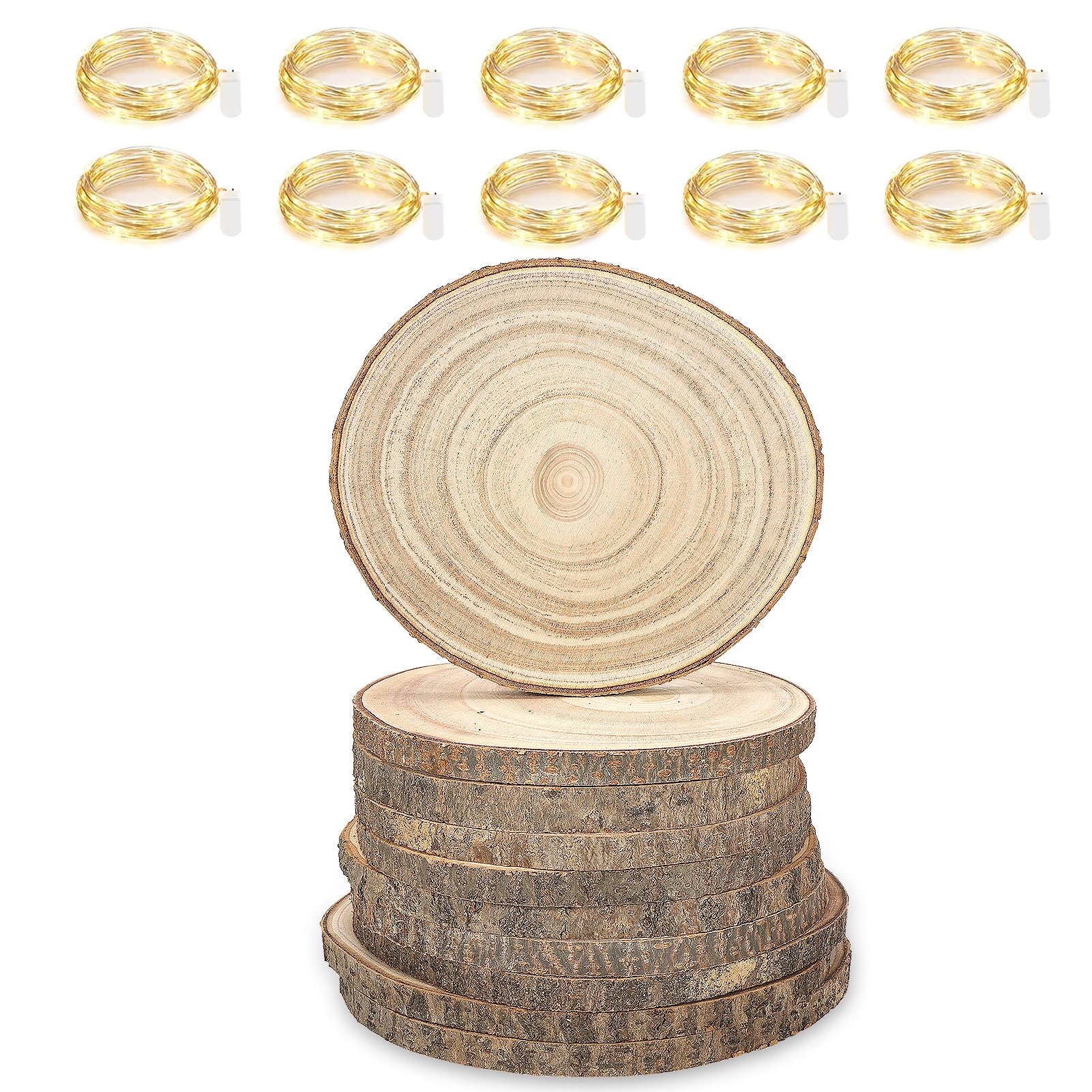 10 Piece 8-9 Inch Wood Slices, with 10 Fairy Lights, Wood Slices for ...