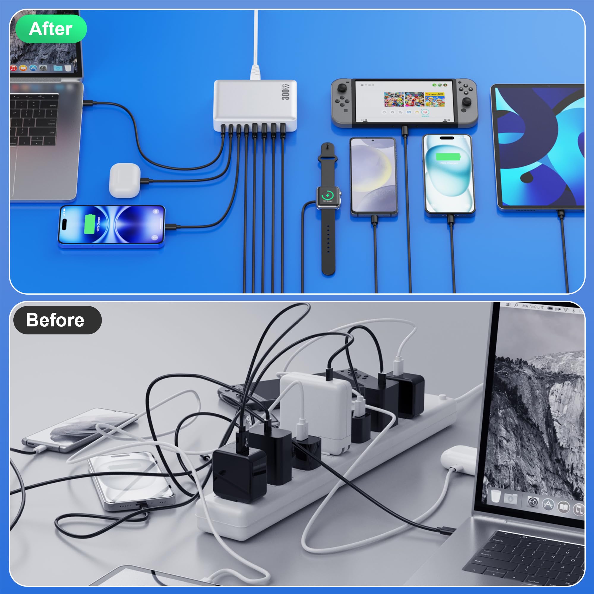 USB C Charger 300W USB C Charger Block 8-Ports GaN IV Fast Charging Station,PD 100W Laptop ...