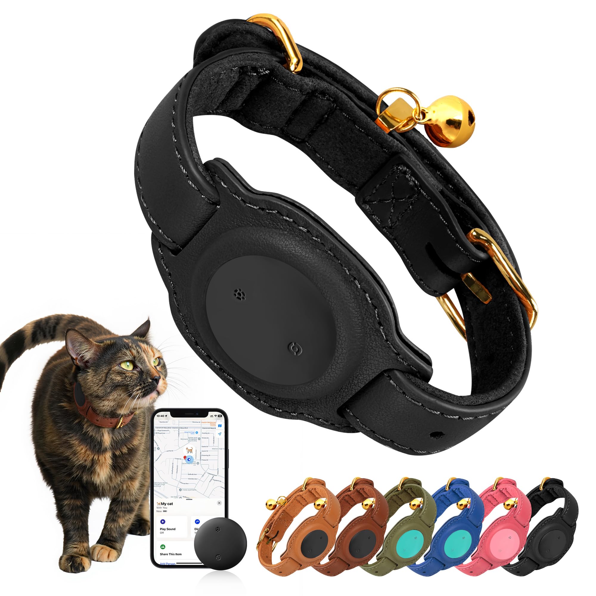 Cat Tracker, GPS Pet Tracker for Cats (Only iOS), Leather Cat Collar with Tracker, Works with ...