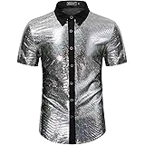 Amazon.com: AstoSeu Men's Sequin Dress Shirt 70s Disco Costume Sparkle Party Short Sleeve Button ...