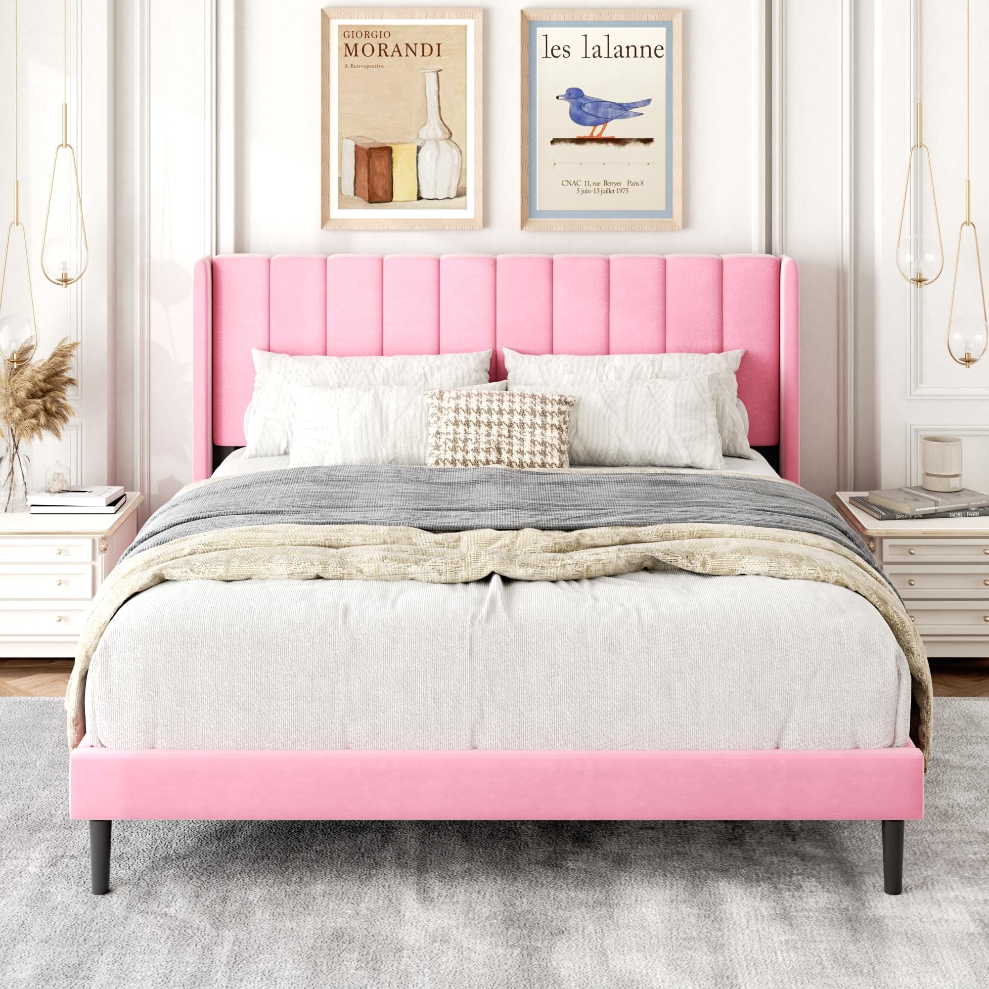 Gruwans Queen Size Bed Frame with Upholstered Wingback Headboard, Easy ...